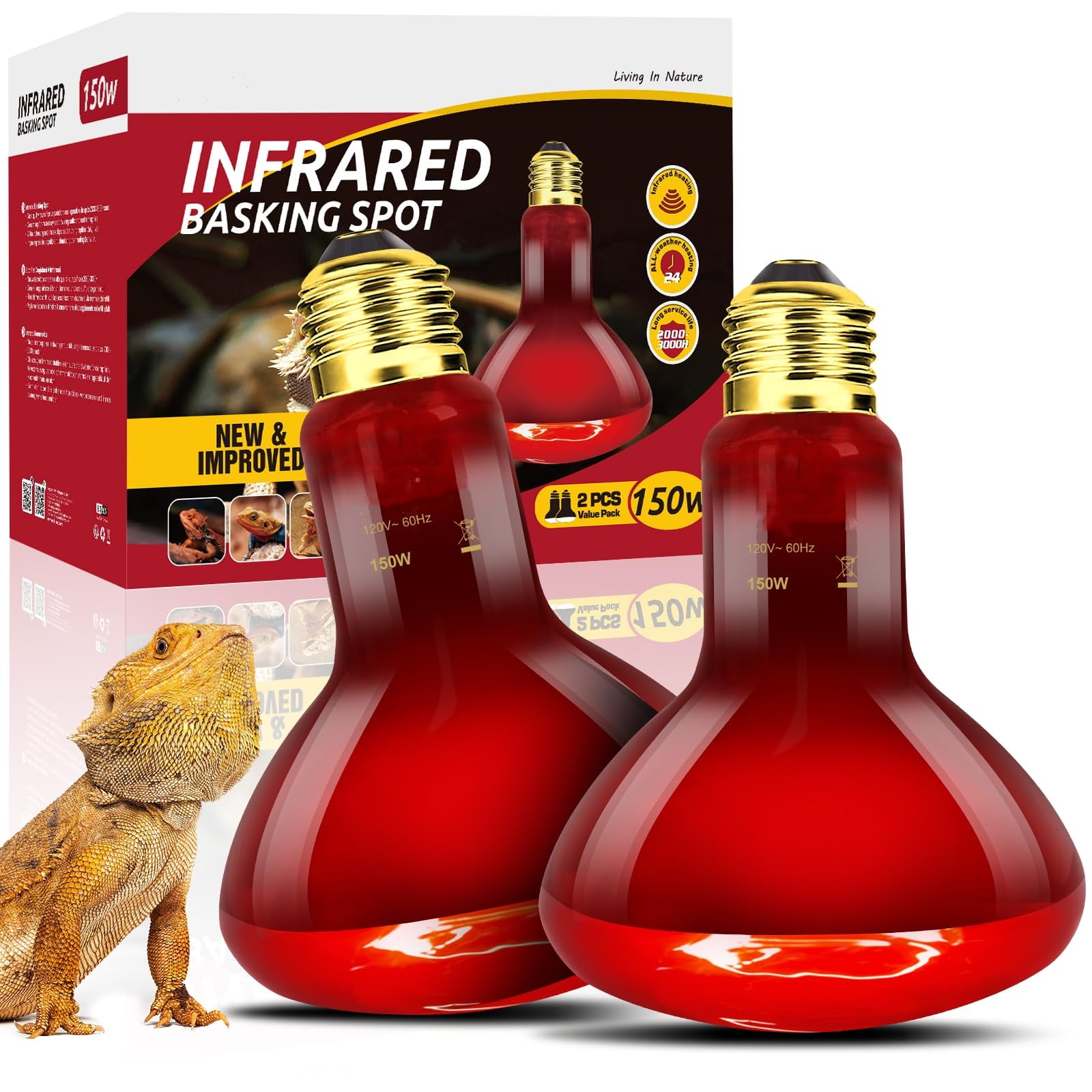ECOSUB 150W Reptile Heat Lamp Bulb, Infrared Basking Spot Light for Reptiles & Amphibian 2 Pack ...