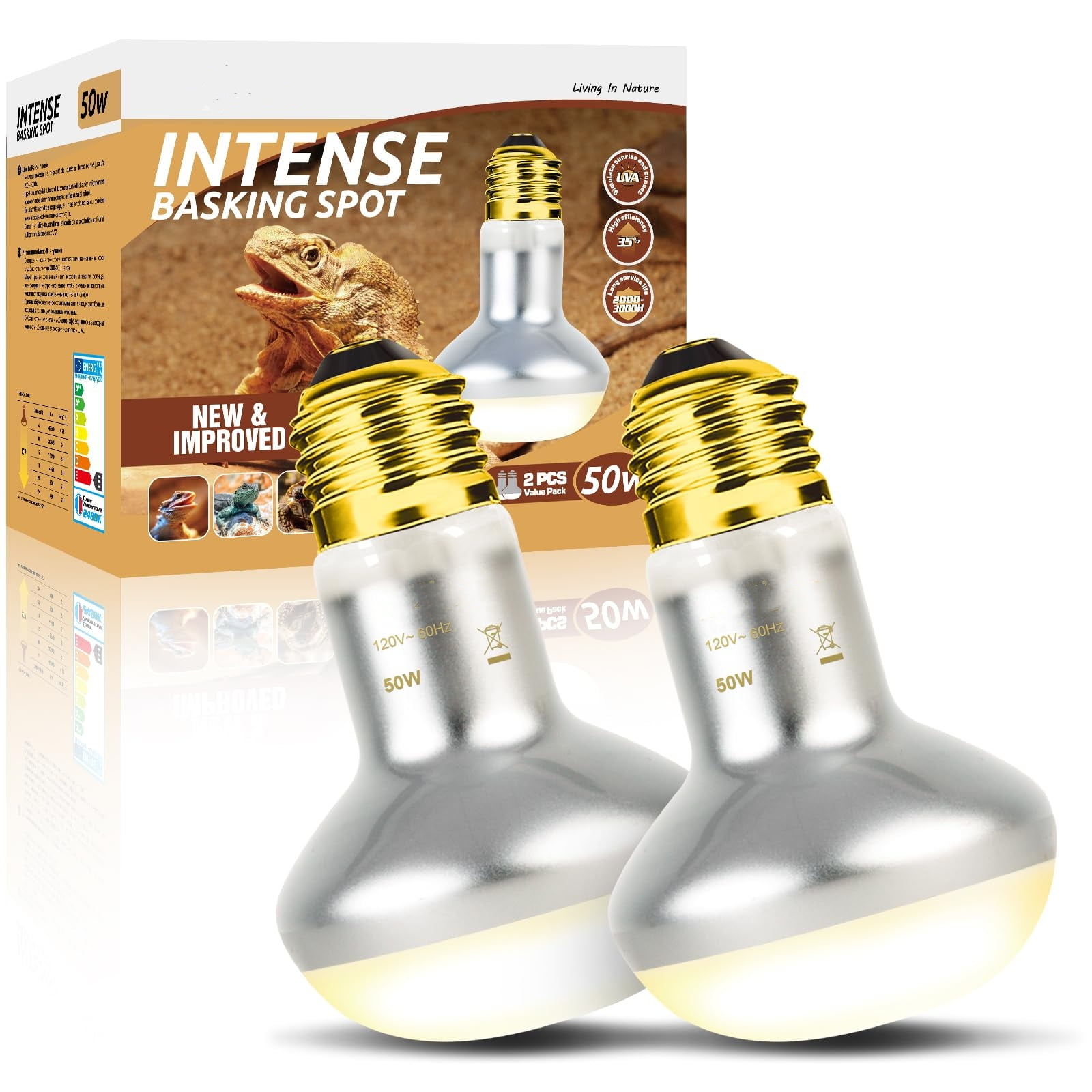 ECOSUB 50W Reptile Heat Lamp Bulb, 2 Pack Intense Spot Basking Light ...