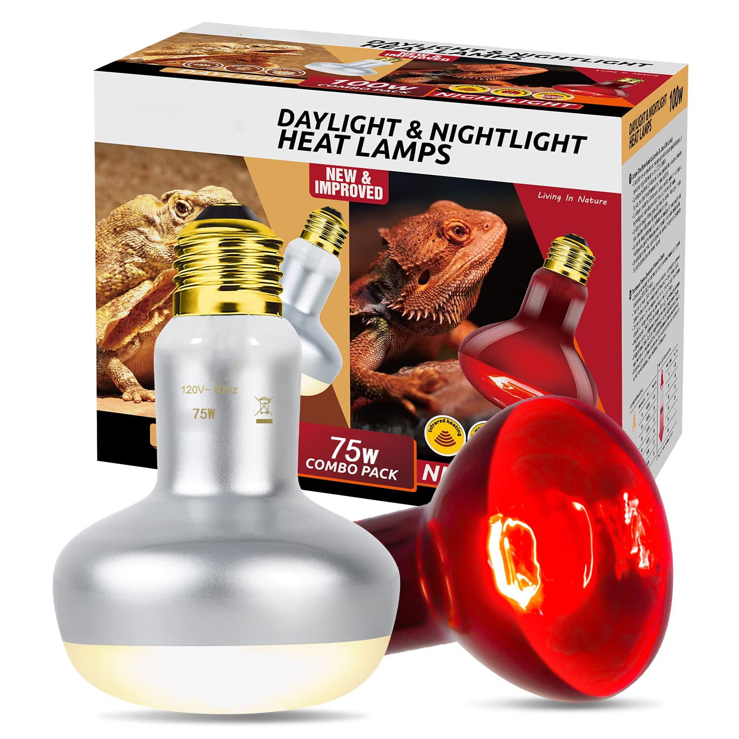 ECOSUB 75W Reptile Heating Lamp Bulb, 2 PC Daylight & Nightlight Bulbs ...