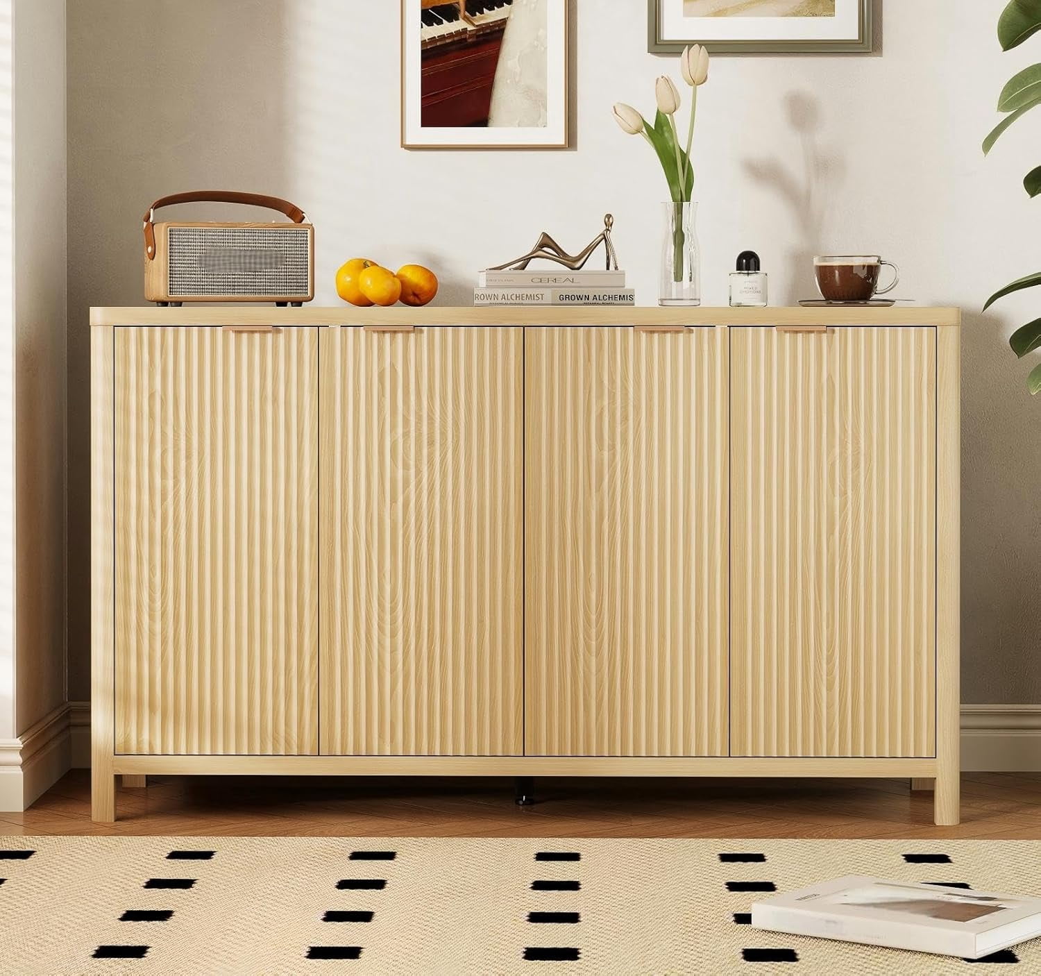 ECOTINY Mordern Fluted Sideboard Cabinet with Adjustable Shelves ...