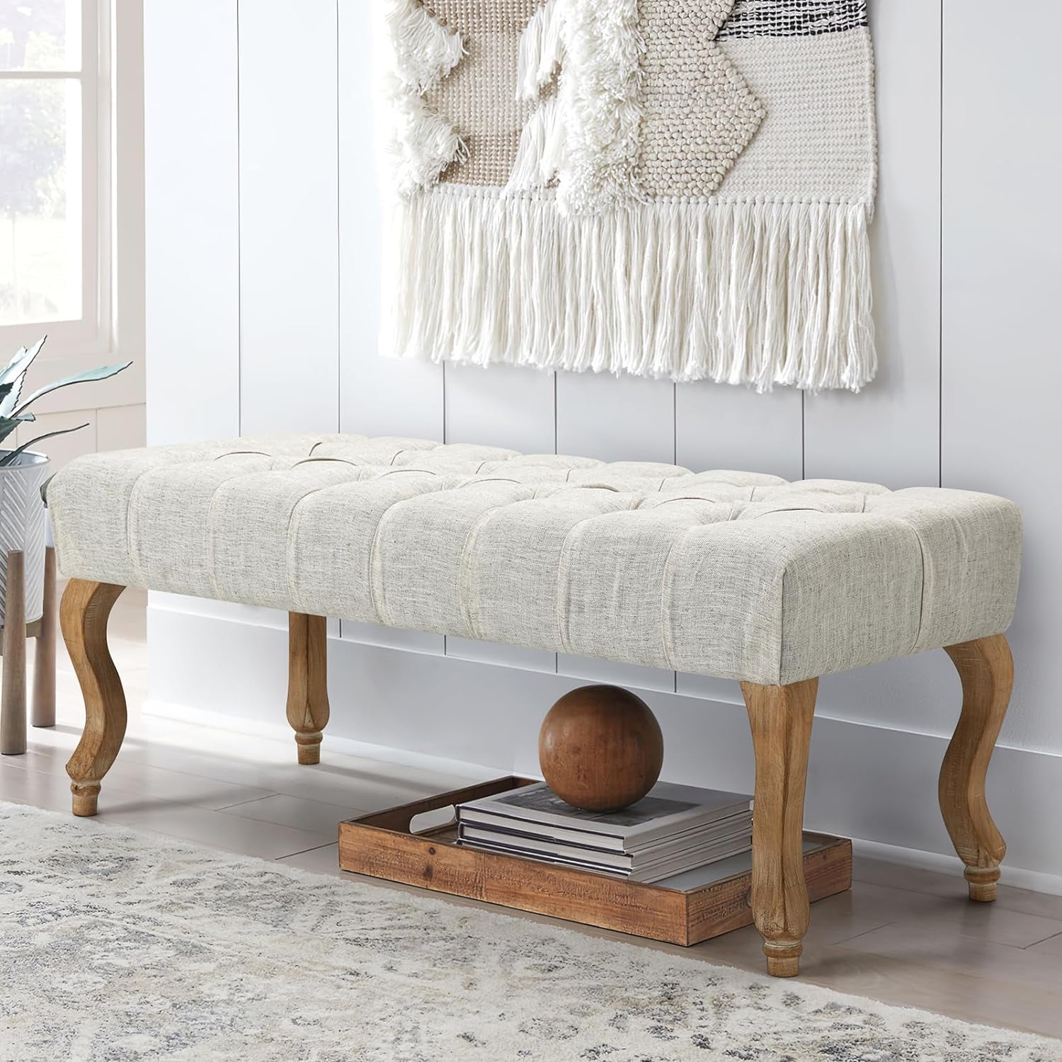ECOTOUGE French Vintage Button-Tufted Upholstered Entryway Bench, Linen ...