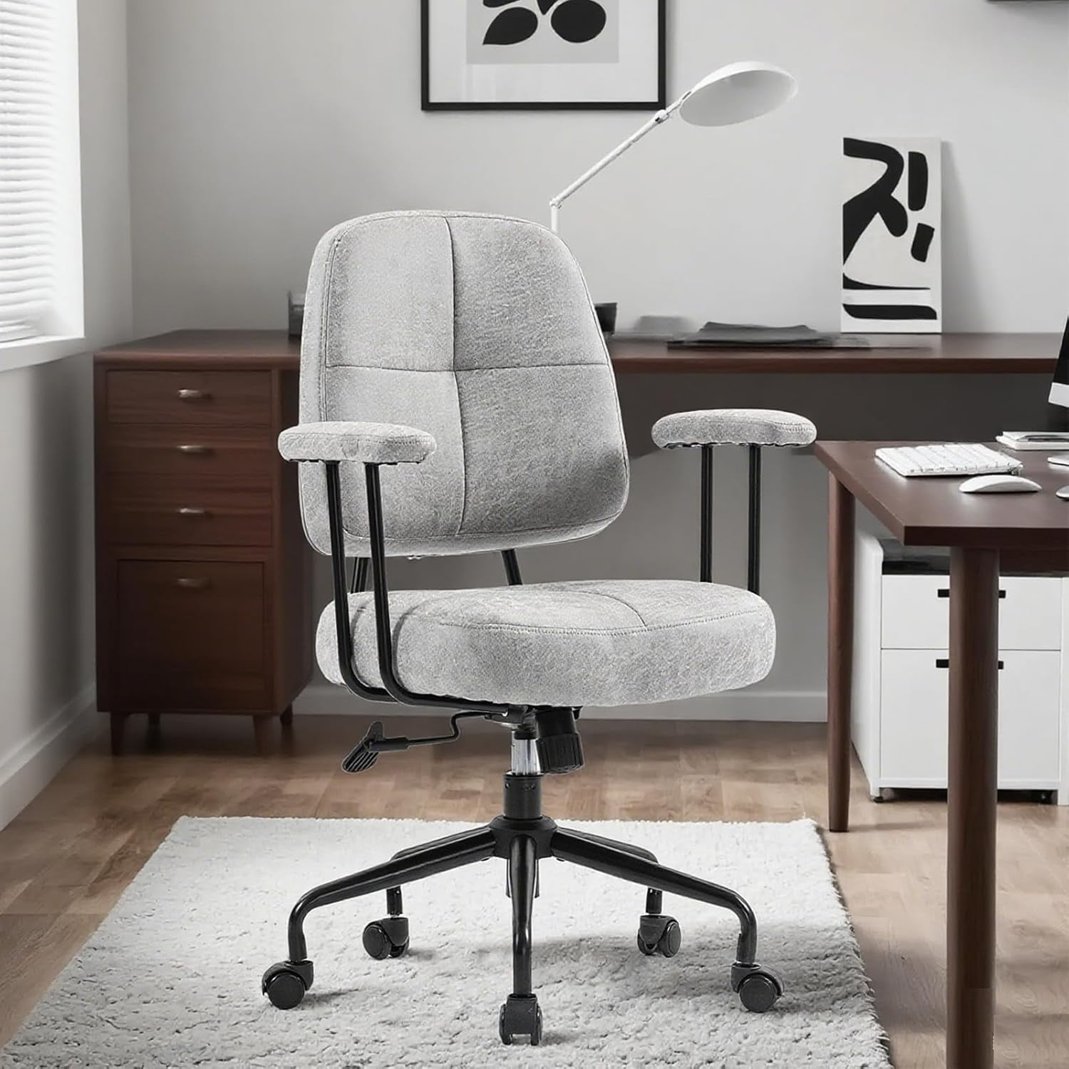 ECOTOUGE Home Office Chair, Upholstered Desk Chair with Armrests, Mid ...