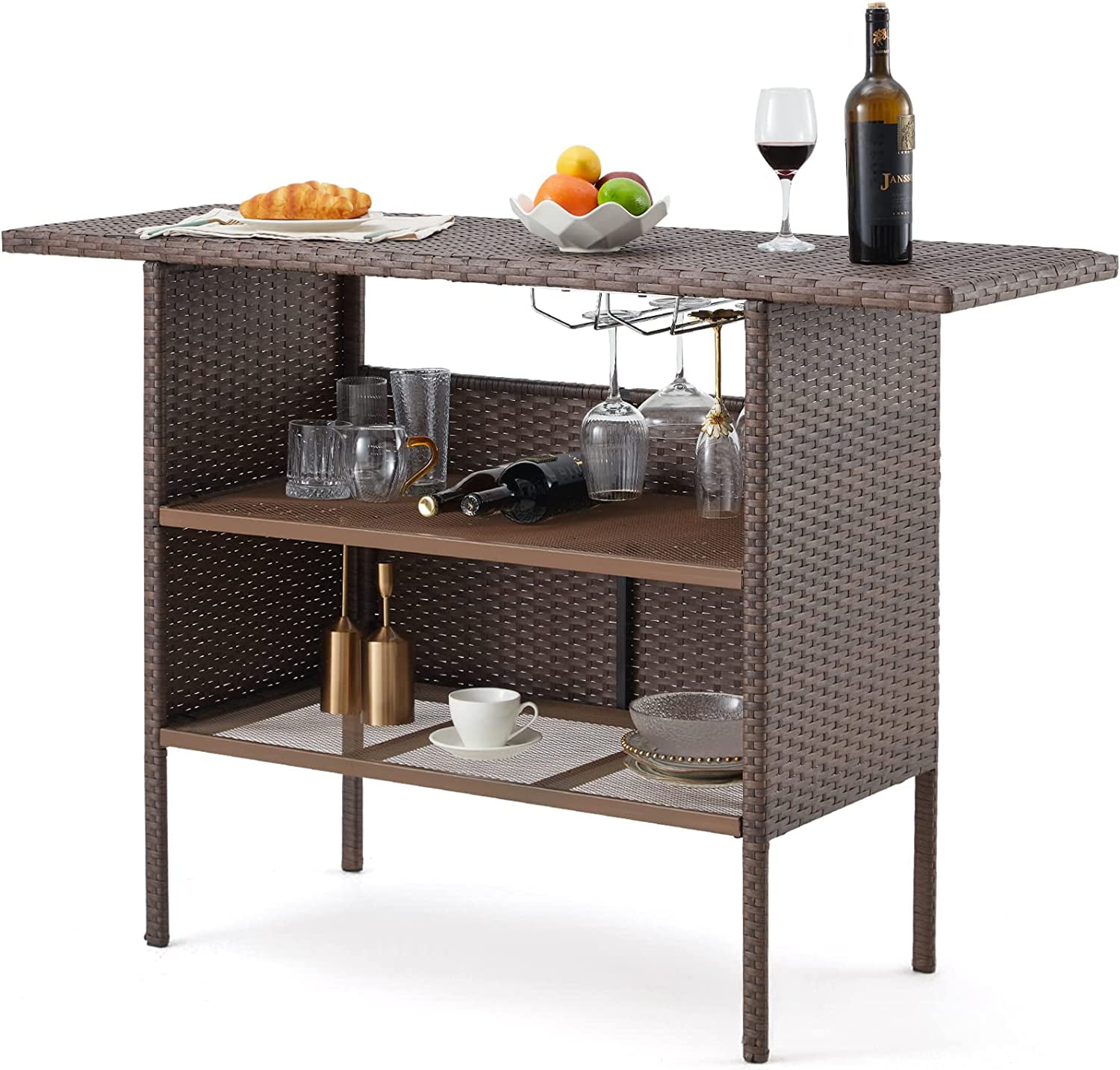 ECOTOUGE Patio Wicker Bar Table, Outdoor Rattan Counter Table with ...