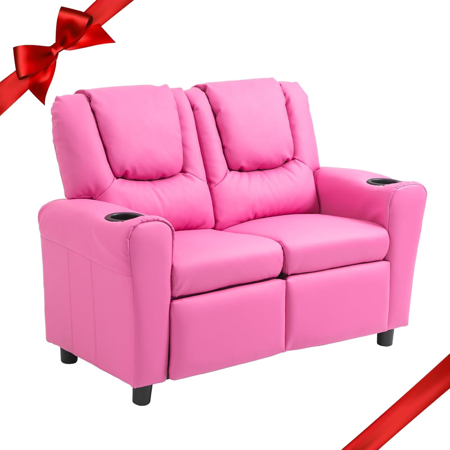 ECOTOUGE Pink Double Kids Loveseat, PU Leather Toddler Recliner Sofa ...