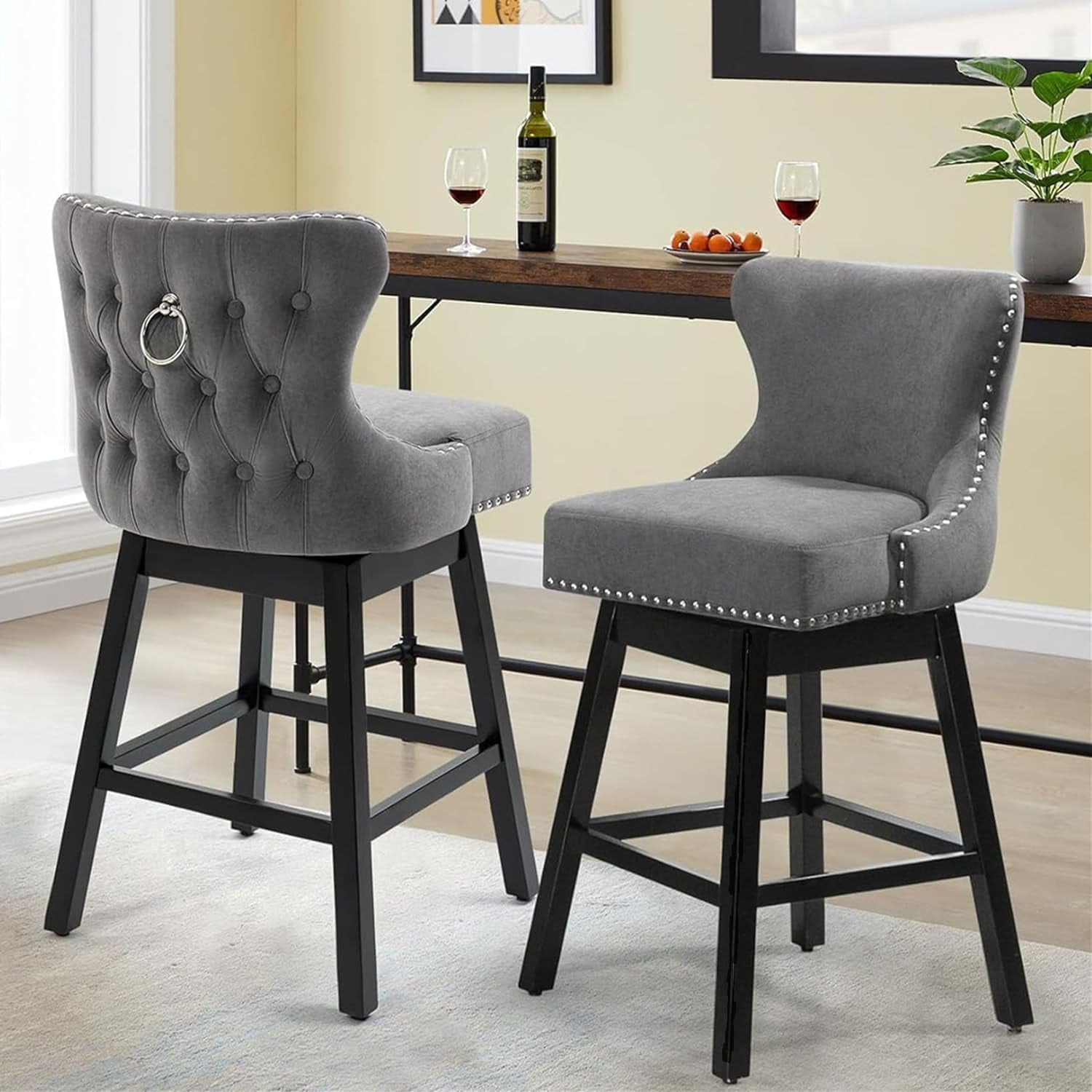 ECOTOUGE Swivel Barstools Set of 2, 29” Seat Height Bar Stools with Back & Wood Legs ...