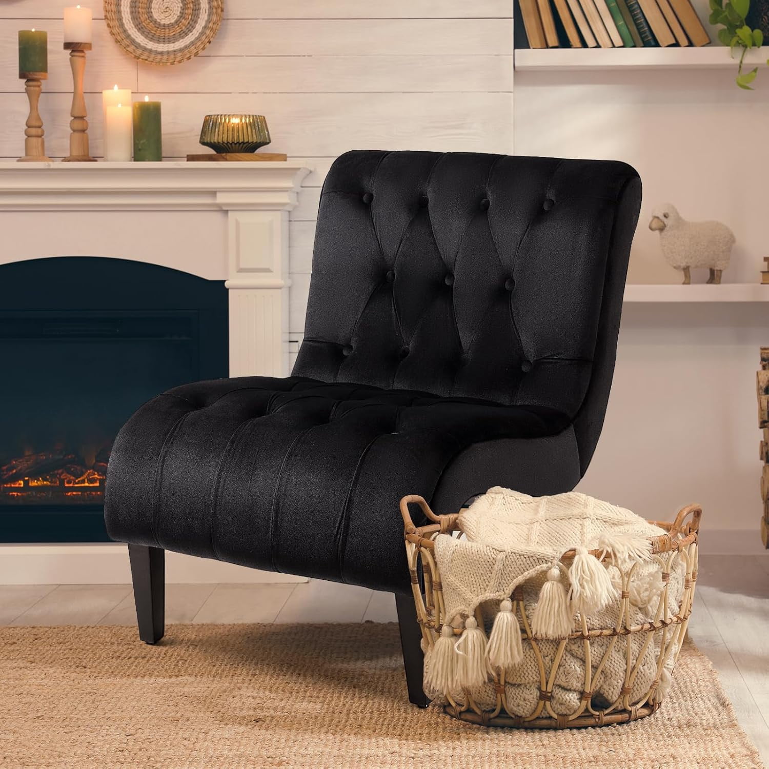 ECOTOUGE Velvet Upholstered Accent Chair, Armless Chair with Wood Legs ...