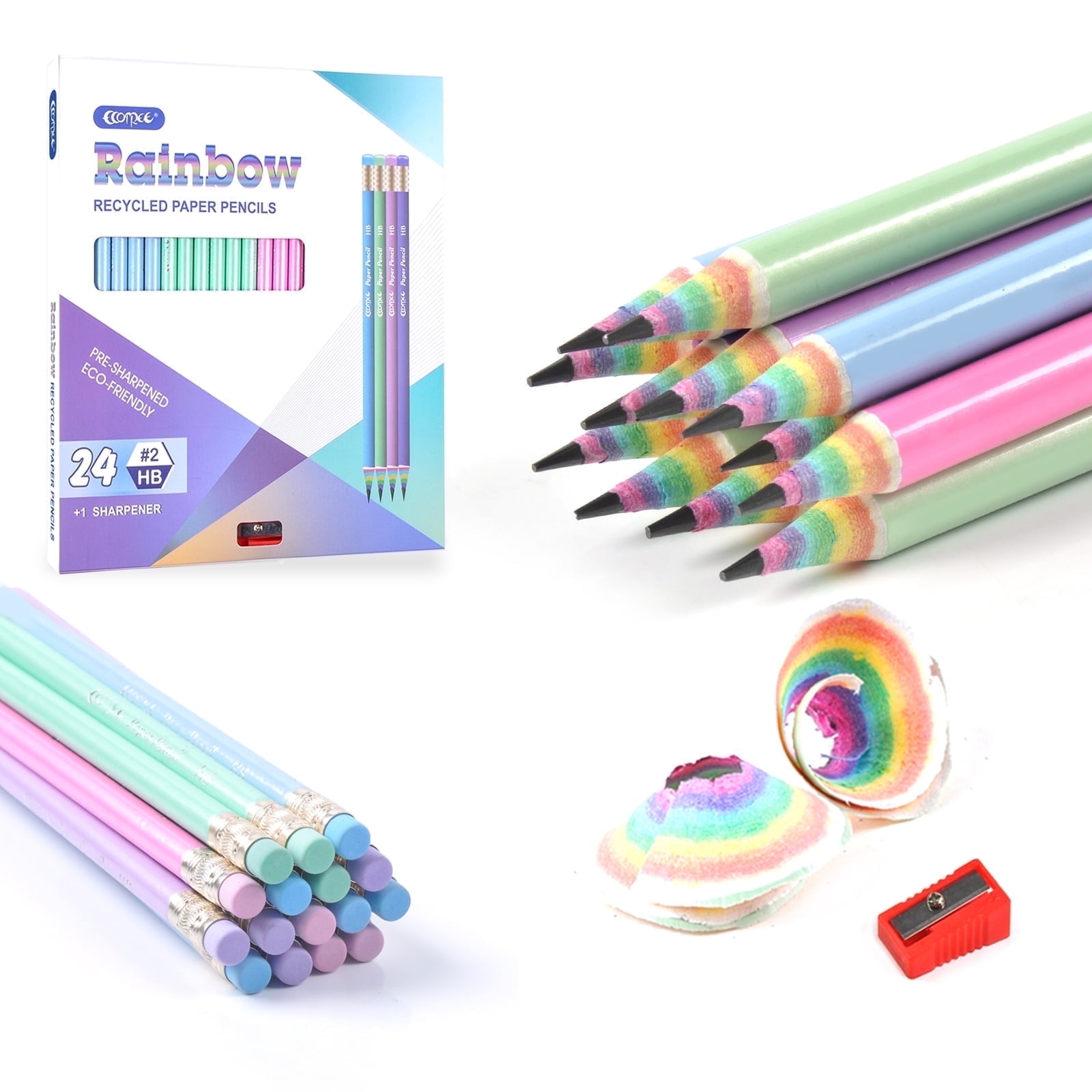 ECOTREE #2 HB Pre-Sharpened Rainbow Paper Pencils with Erasers, 24 ...