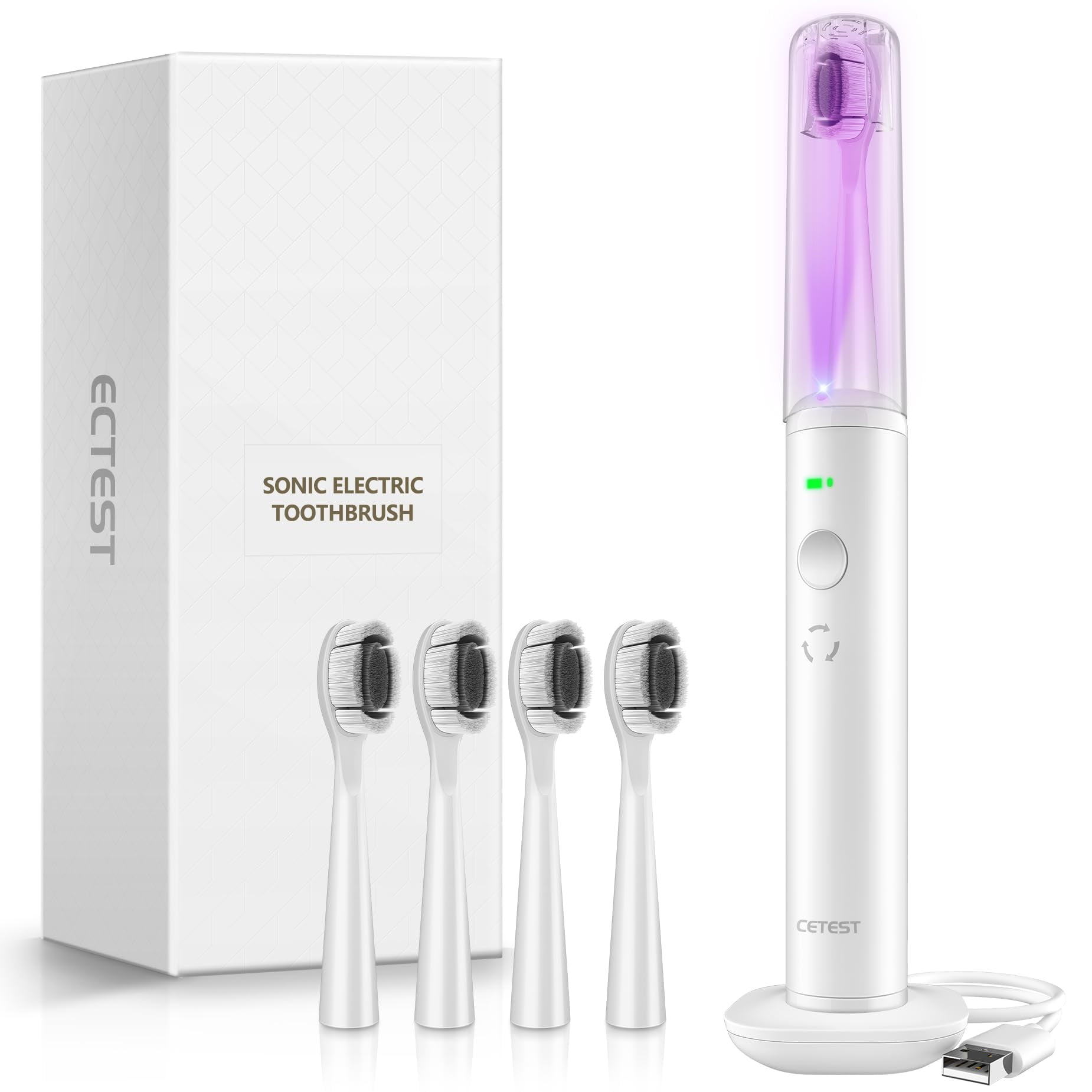 ECTEST Sonic UV Electric WHF2 Toothbrush with Light 4 Brush Heads for ...