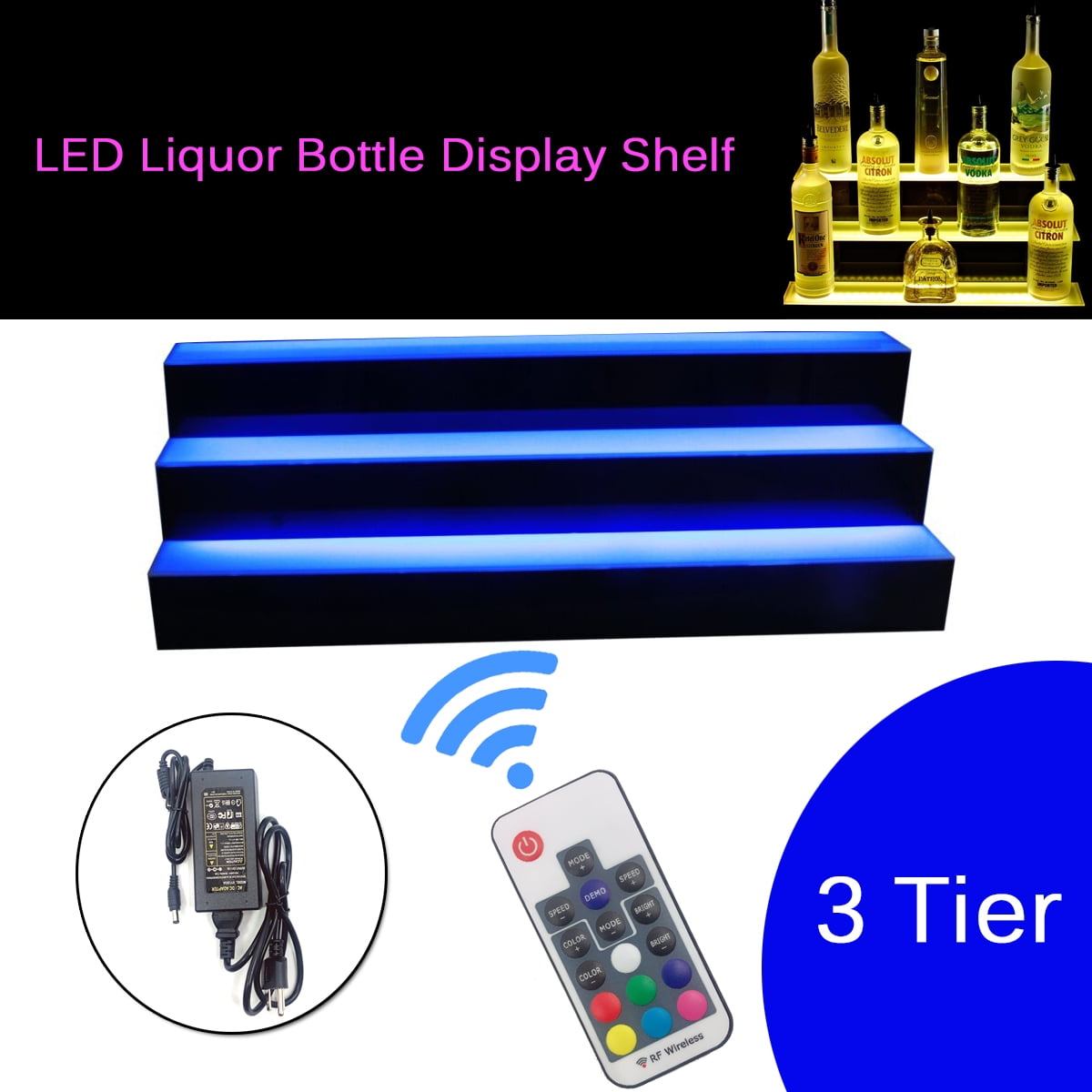 ECUTEE 24" LED Lighted Liquor Bottle Display Shelf 3 Step Bar Rack w ...