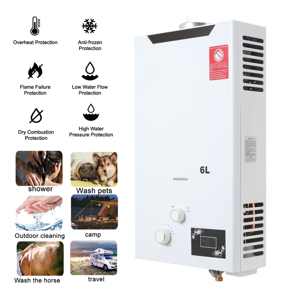 ECUTEE Gas Tankless Water Heater, Indoor Installation Instant Hot Water heater, 6L Outdoor ...