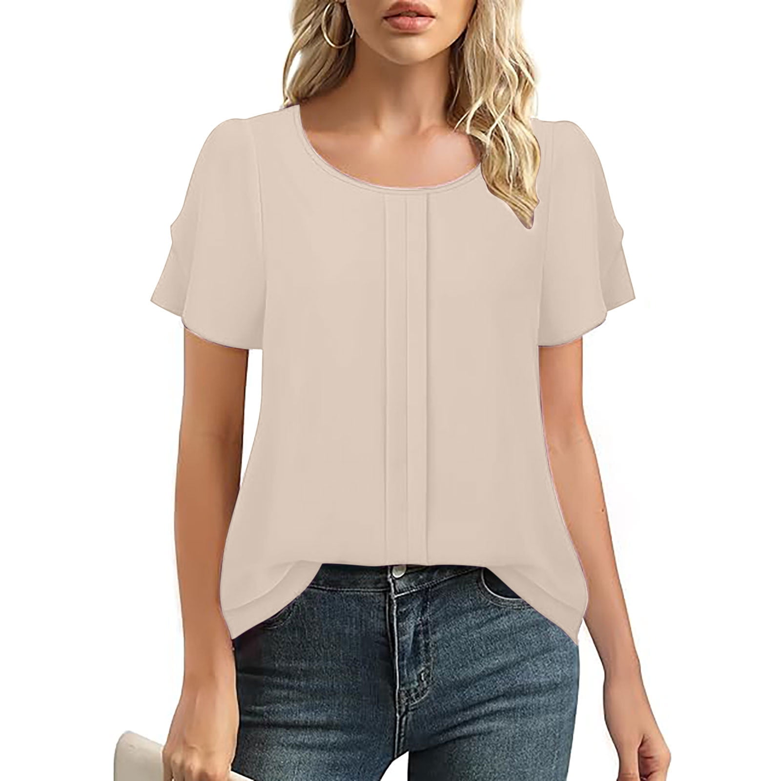ECZHAW Chiffon Blouses for Women Business Casual Petal Short Sleeve ...