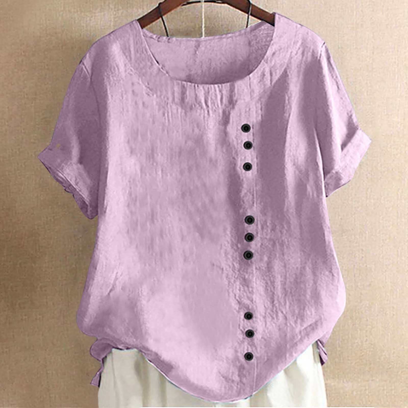 ECZHAW Linen Blouses for Women Vintage Floral Boho Shirt Summer ...