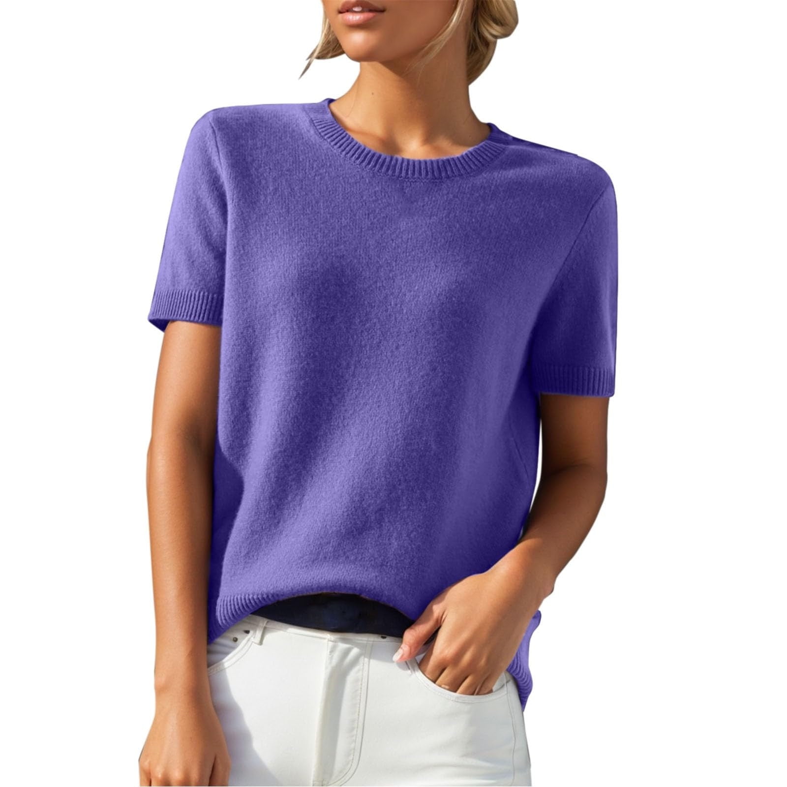 ECZHAW Short Sleeve Sweater Tops for Women Cute Lightweight Crew Neck T ...