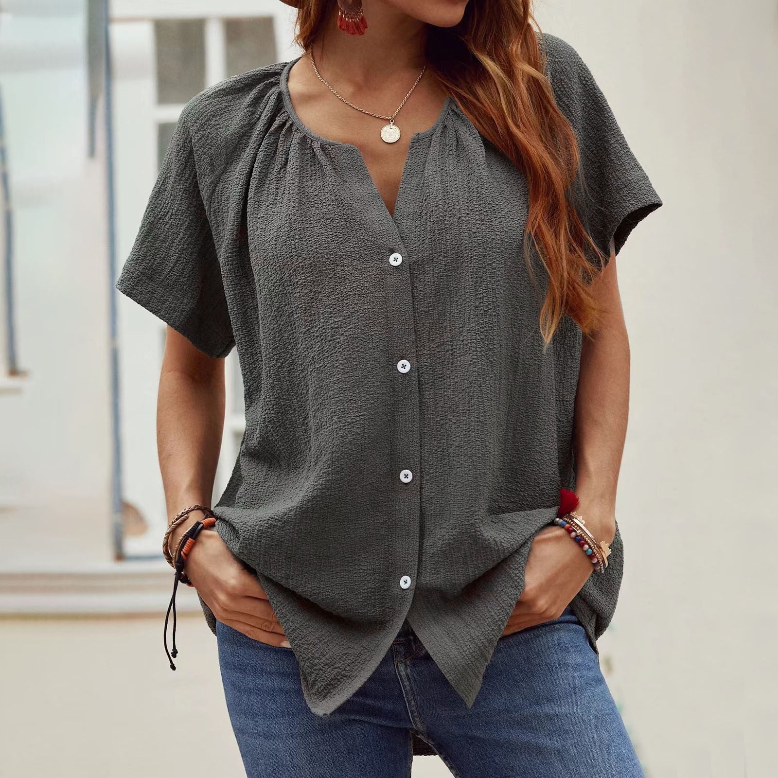ECZHAW Summer Linen Tops for Women Trendy Roll Up Short Sleeve Tshirts ...