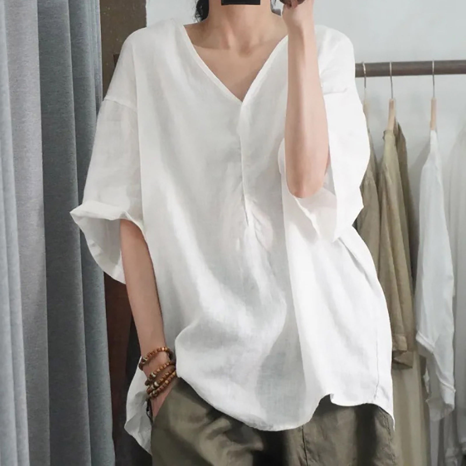 ECZHAW Clearance,Women's Linen Shirt Button Down V Neck Solid Blouse 3/ ...