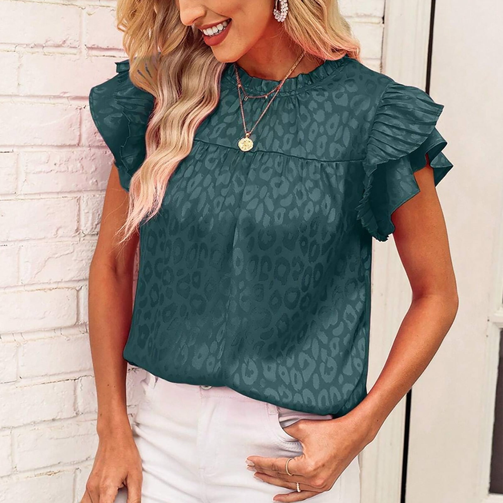 ECZHAW Womens Summer Crewneck Tops Leopard Print Double Ruffle Sleeve ...