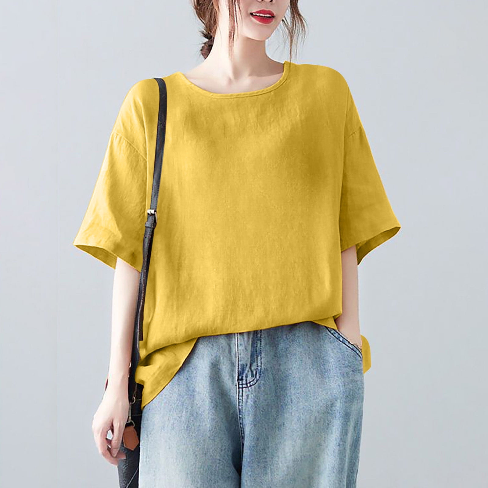 ECZHAW Womens Summer Short Sleeve Tops Oversized Linen T Shirts Spring ...
