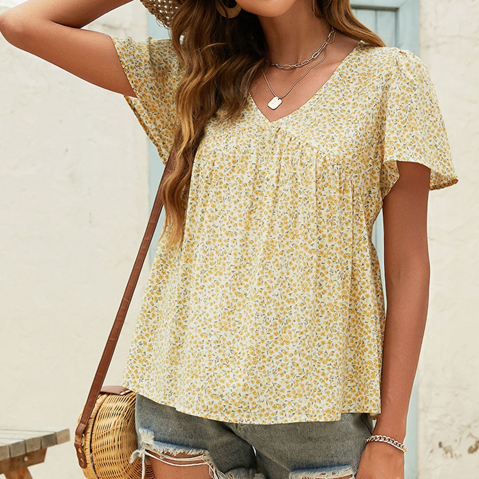 ECZHAW Women's Summer Tops Ruffle Sleeve V Neck Tunic Shirts Business ...