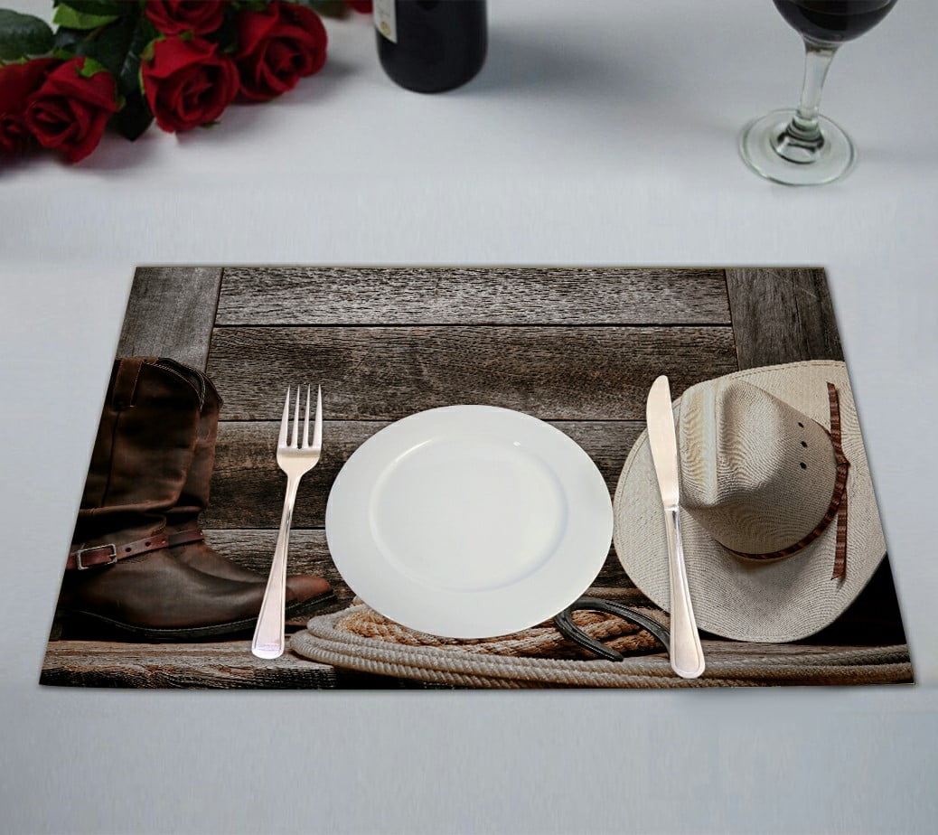 ECZJNT American West Straw Cowboy Hat Roper Boots Barn Placemat Table ...