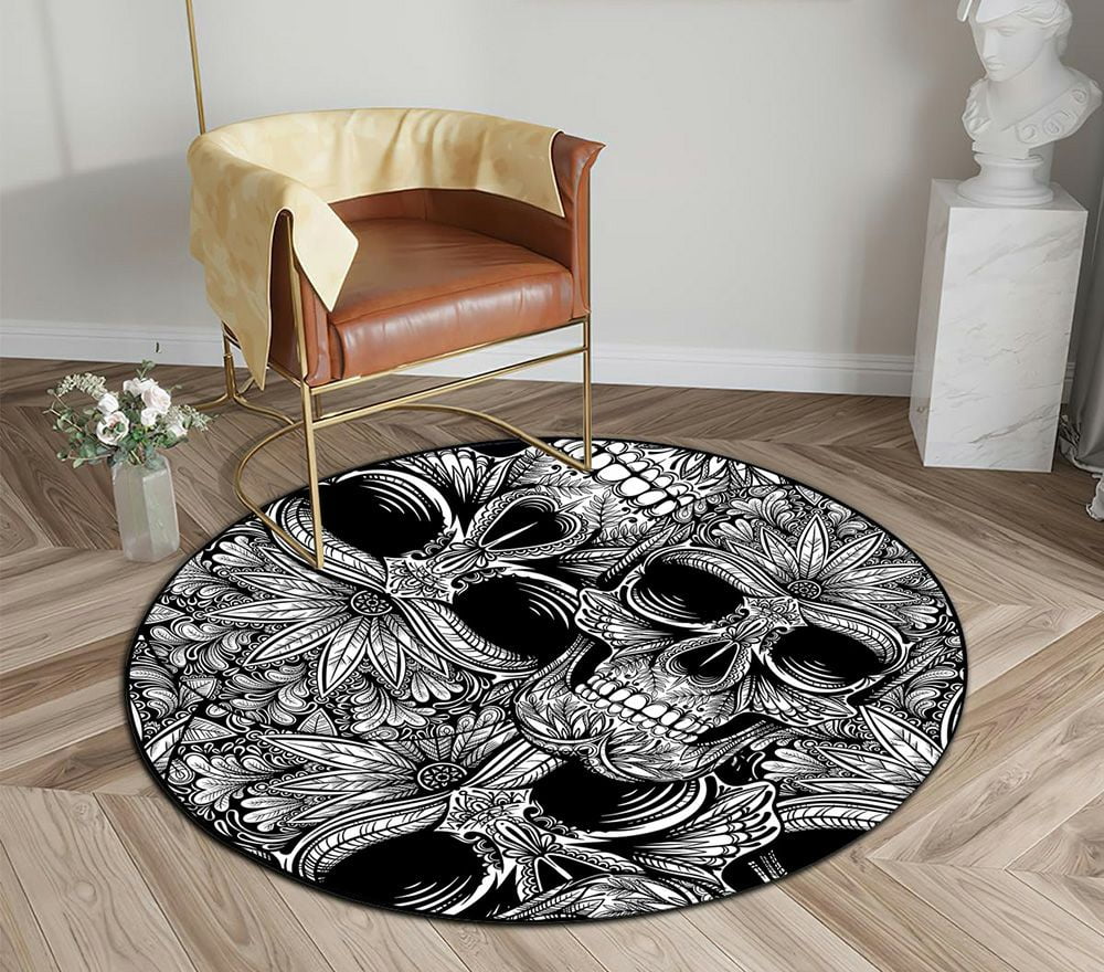ECZJNT Black And White Tattoo Skull Round Area Rugs Diameter 4 x 4ft ...