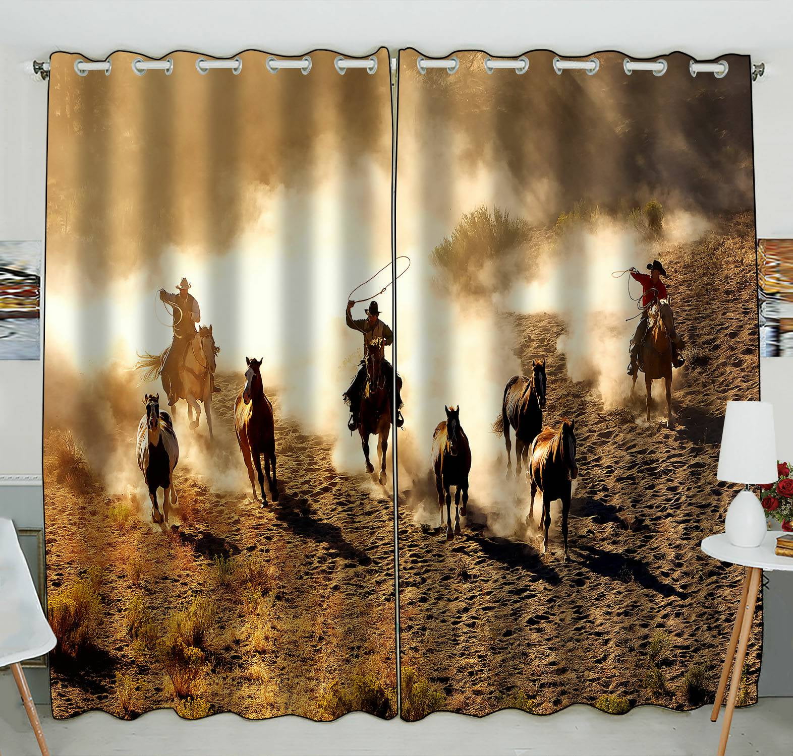 ECZJNT Cowboys chasing wilding horses roping and riding Blackout Window ...