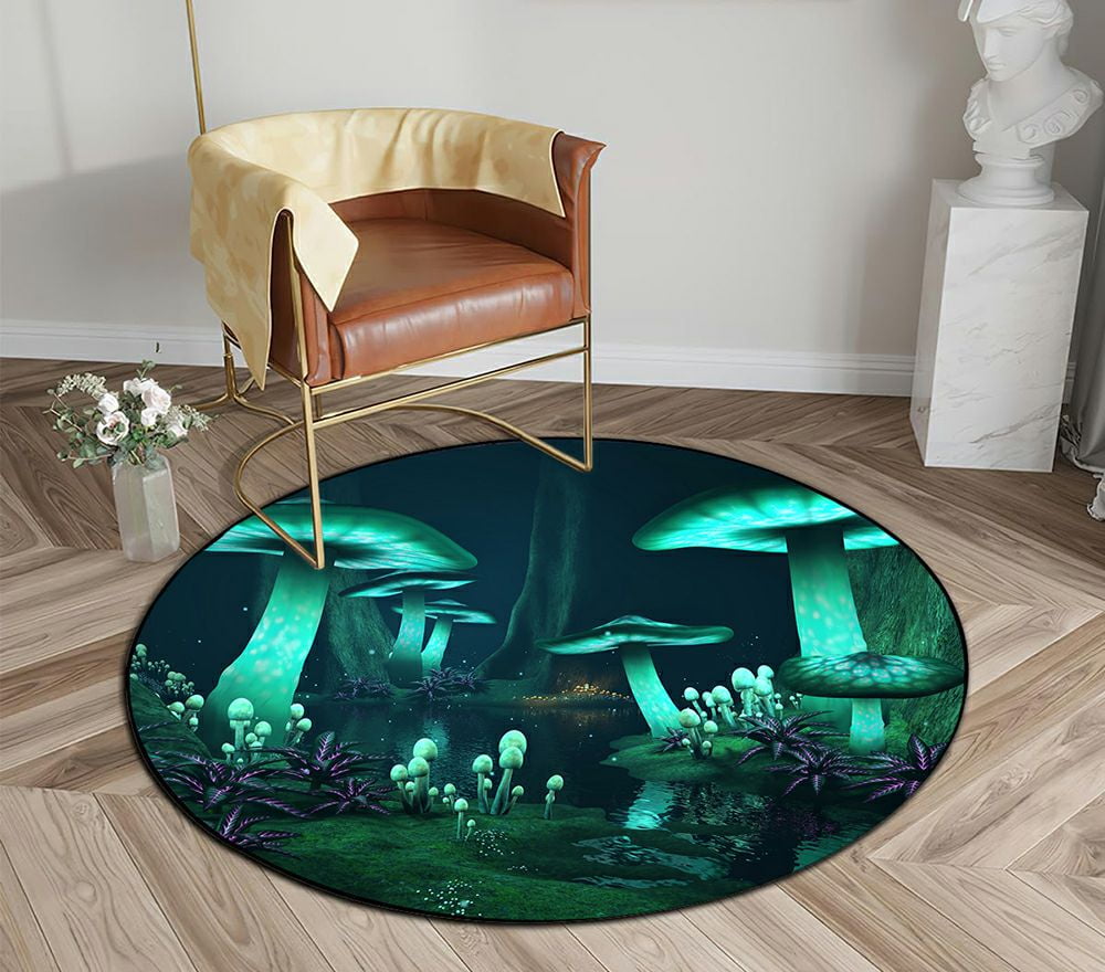 ECZJNT Fantasy Dark Forest With Green Glowing Mushrooms Round Area Rugs ...