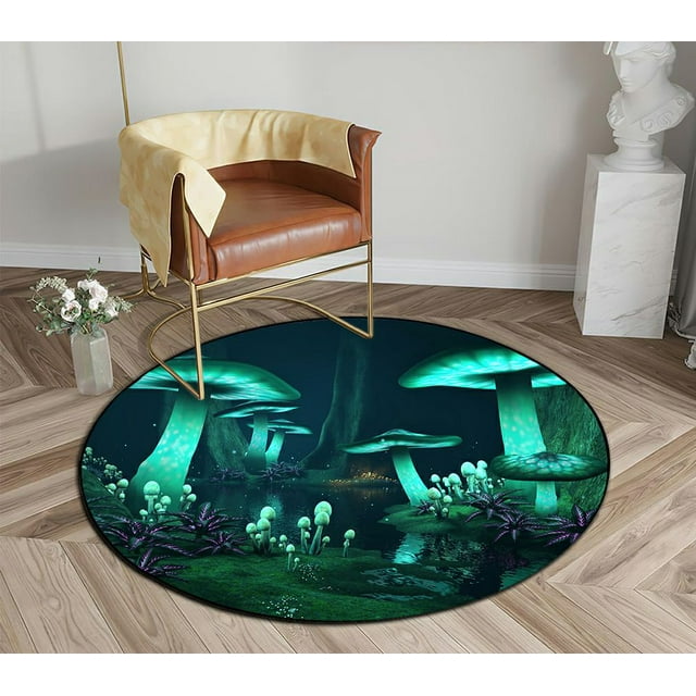 ECZJNT Fantasy Dark Forest With Green Glowing Mushrooms Round Area Rugs ...