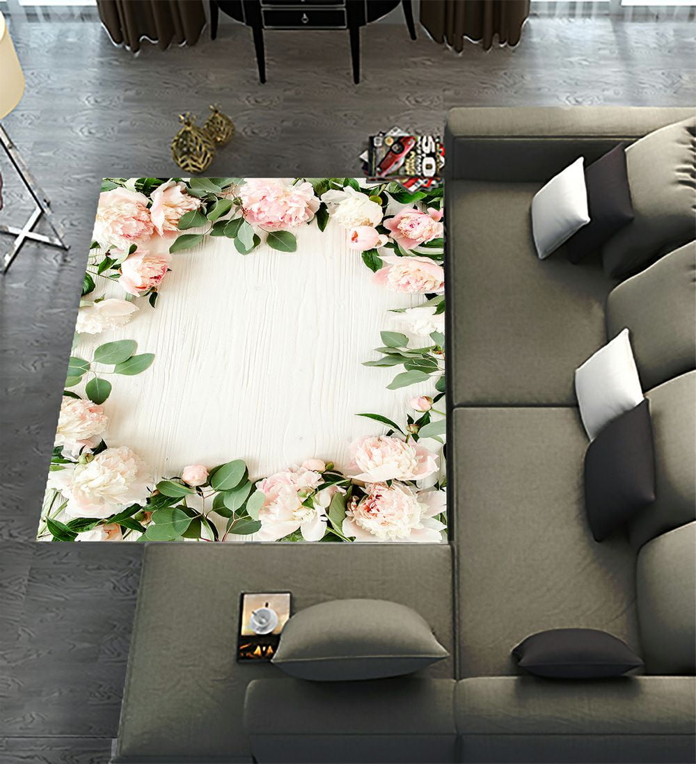 ECZJNT Floral Pink Peonies Branches Leaves On Wooden White Area Rugs 2 ...