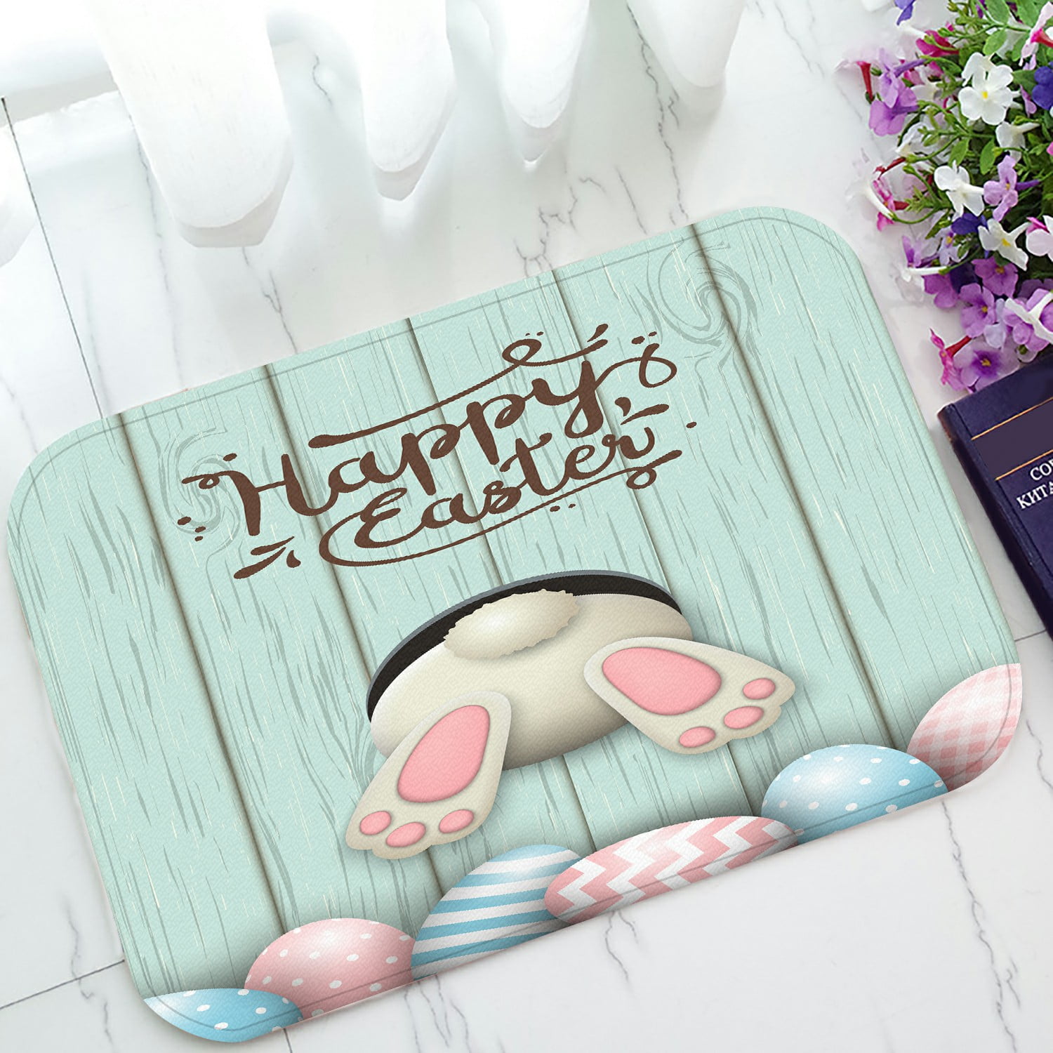 ECZJNT Happy Easter white bunny pink blue eggs fresh grass Doormat Bath ...