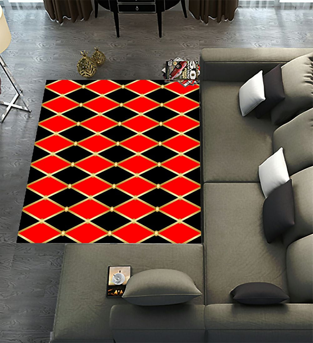 ECZJNT Harlequin Golden Grid Pattern With Red Black Rhomboids Area Rugs ...