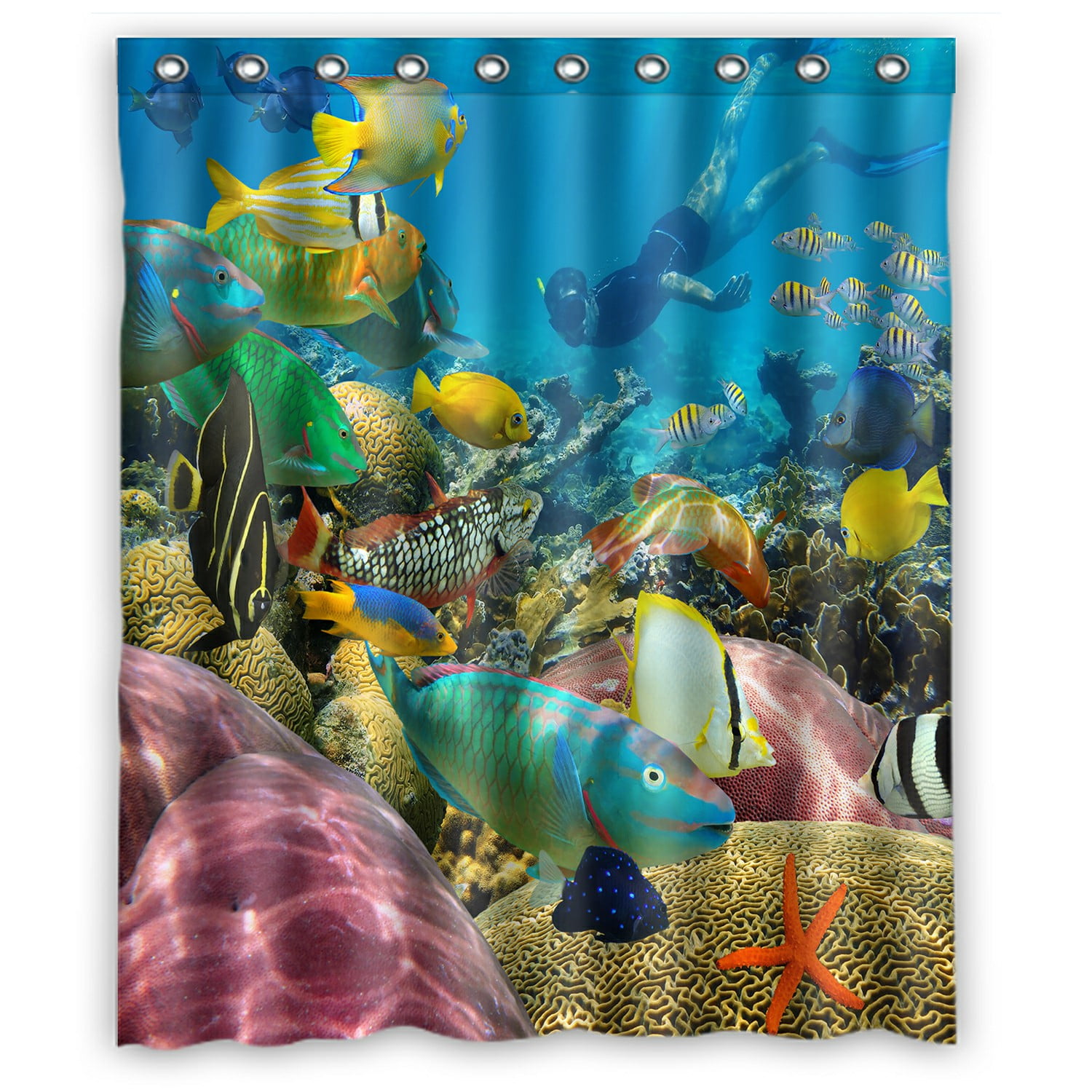 ECZJNT Man underwater swims colorful coral reef tropical fish Shower ...