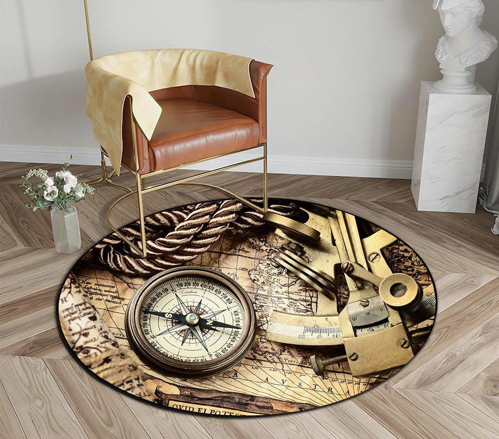 ECZJNT Old Map And Cooper Compass With Cord Round Area Rugs Diameter 5 ...