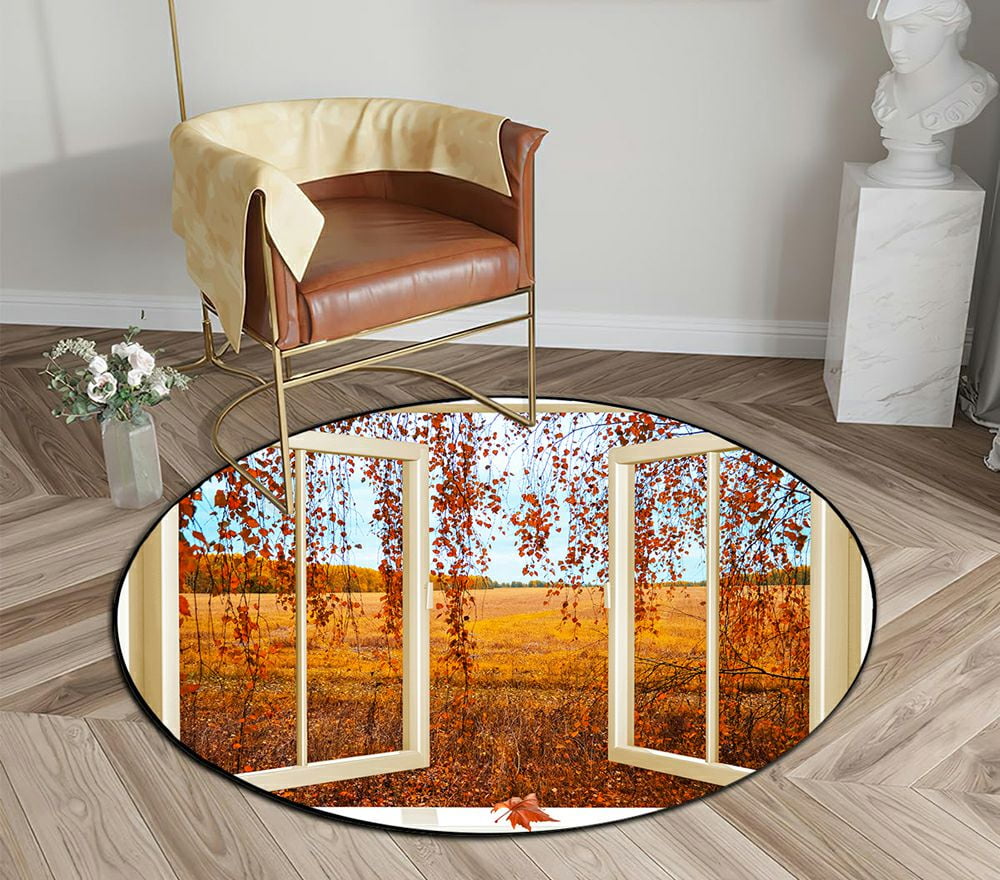 ECZJNT Open Window Overlooking The Autumn Forest Round Area Rugs ...