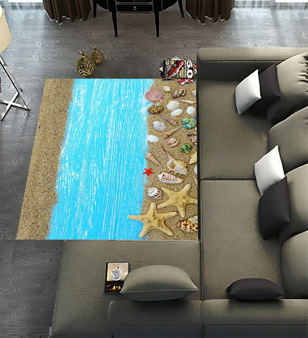 ECZJNT Sand Seashells Starfish Blue Wooden Area Rugs 4 x 6ft Floor ...