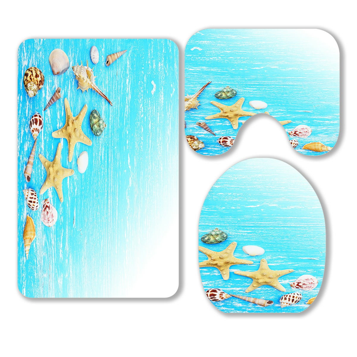 ECZJNT Seashells Starfish Blue Wooden 3 Piece Bathroom Rugs Set Bath ...