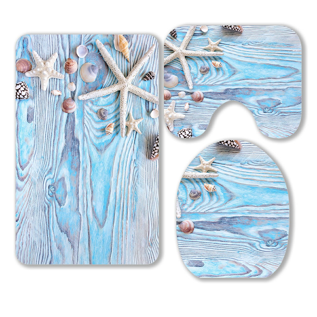 ECZJNT Summer sea shells star on a blue wooden 3 Piece Bathroom Rugs ...