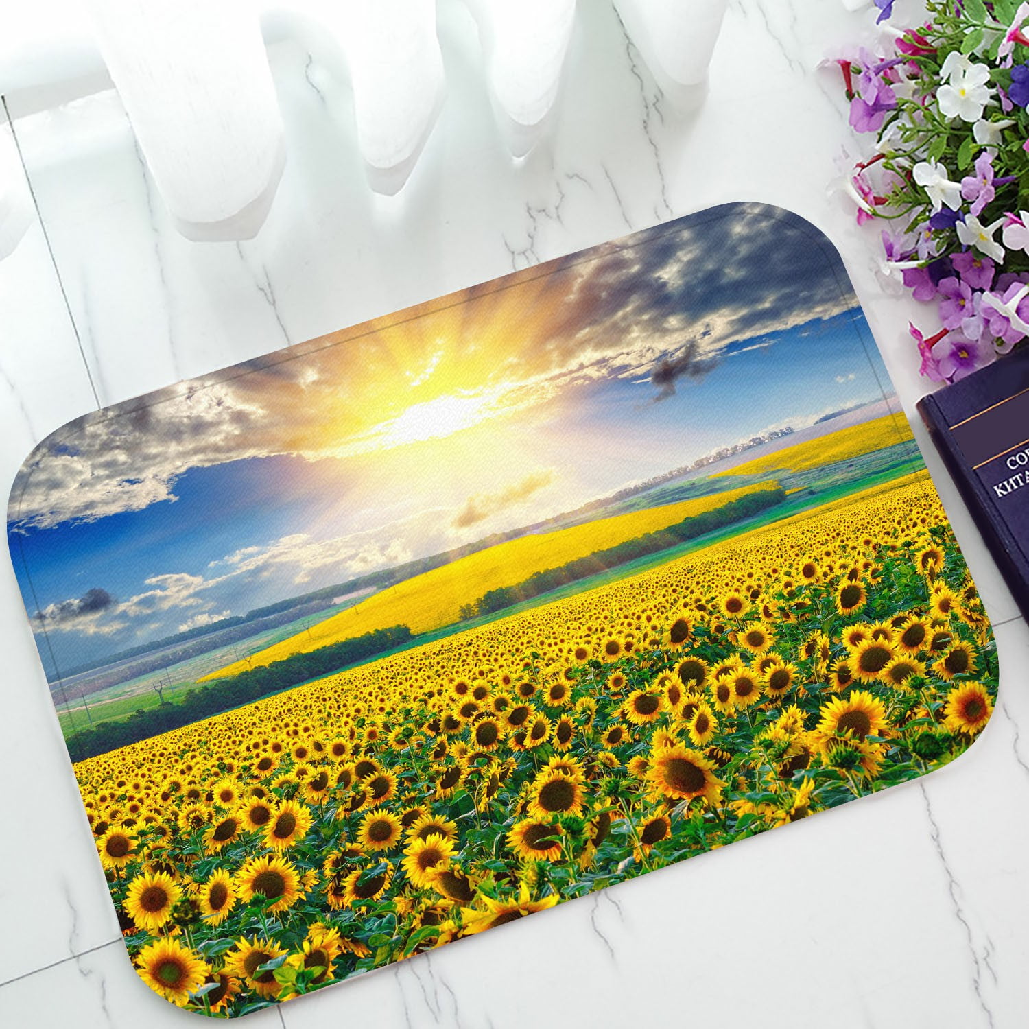 ECZJNT Sunflower field against dramatic sky rising sun Welcome Doormat ...