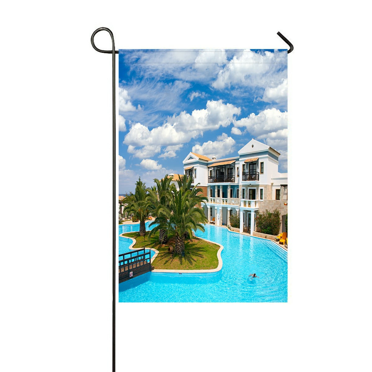 ECZJNT Tropical resort palm trees and girl in swimming pool Garden Flag ...