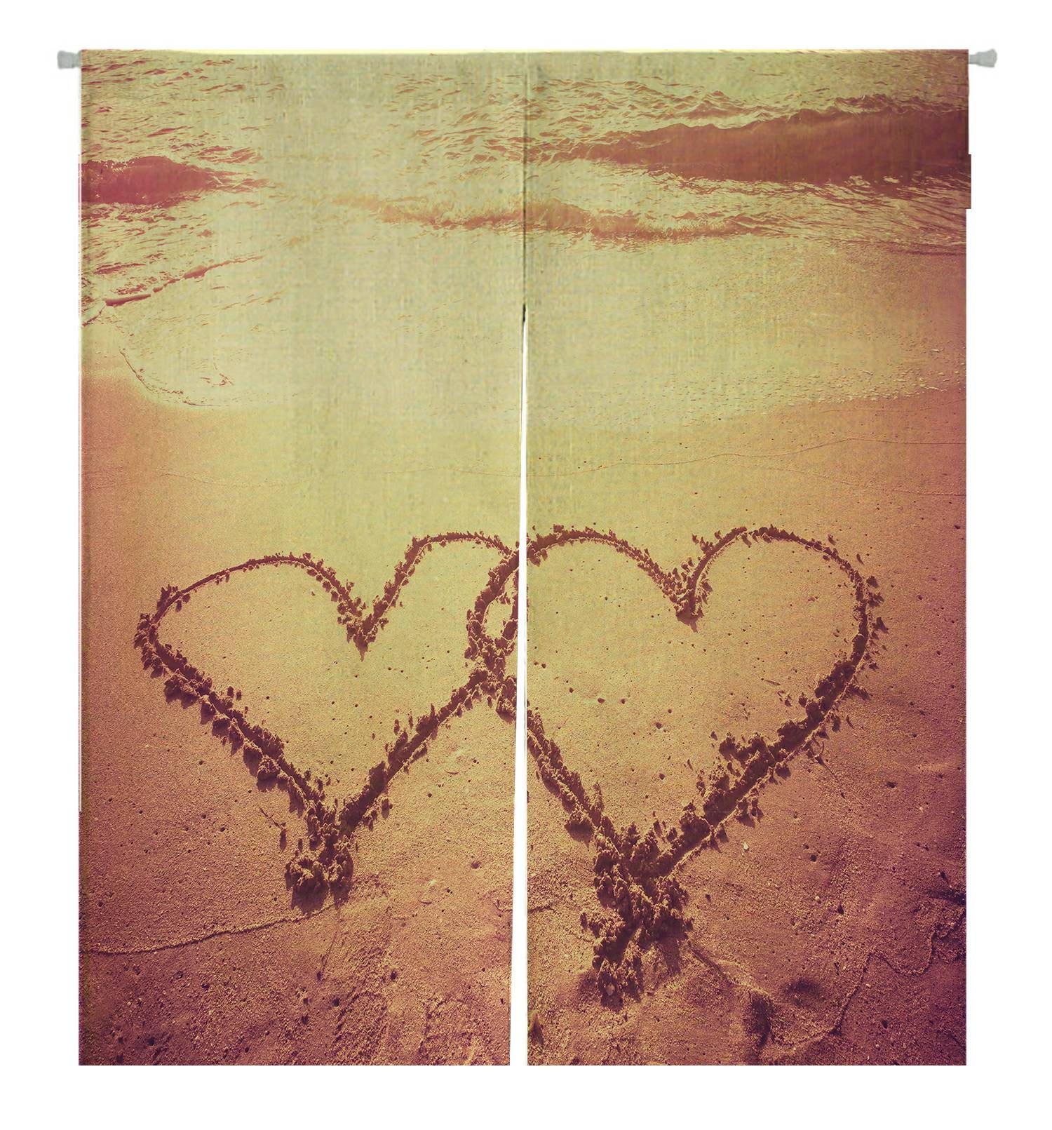 ECZJNT Vintage photo two hearts shape draw sand beach Japanese Noren ...