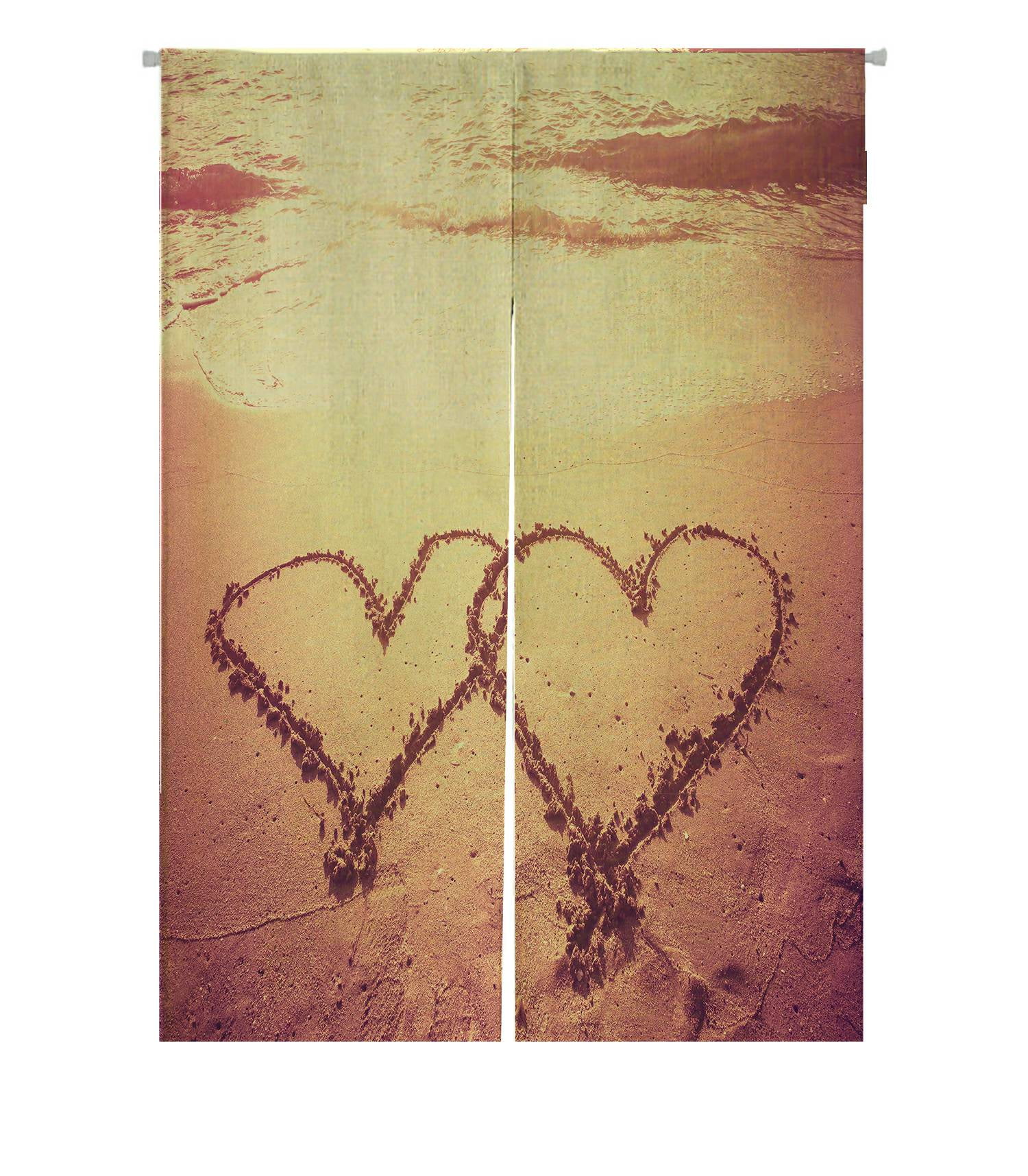 ECZJNT Vintage photo two hearts shape draw sand beach Japanese Noren ...