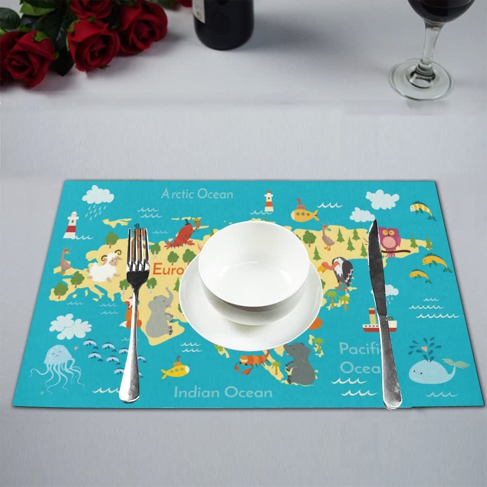 ECZJNT World Map Placemat Plate Holder Set of 4, Cartoon Globe Earth ...