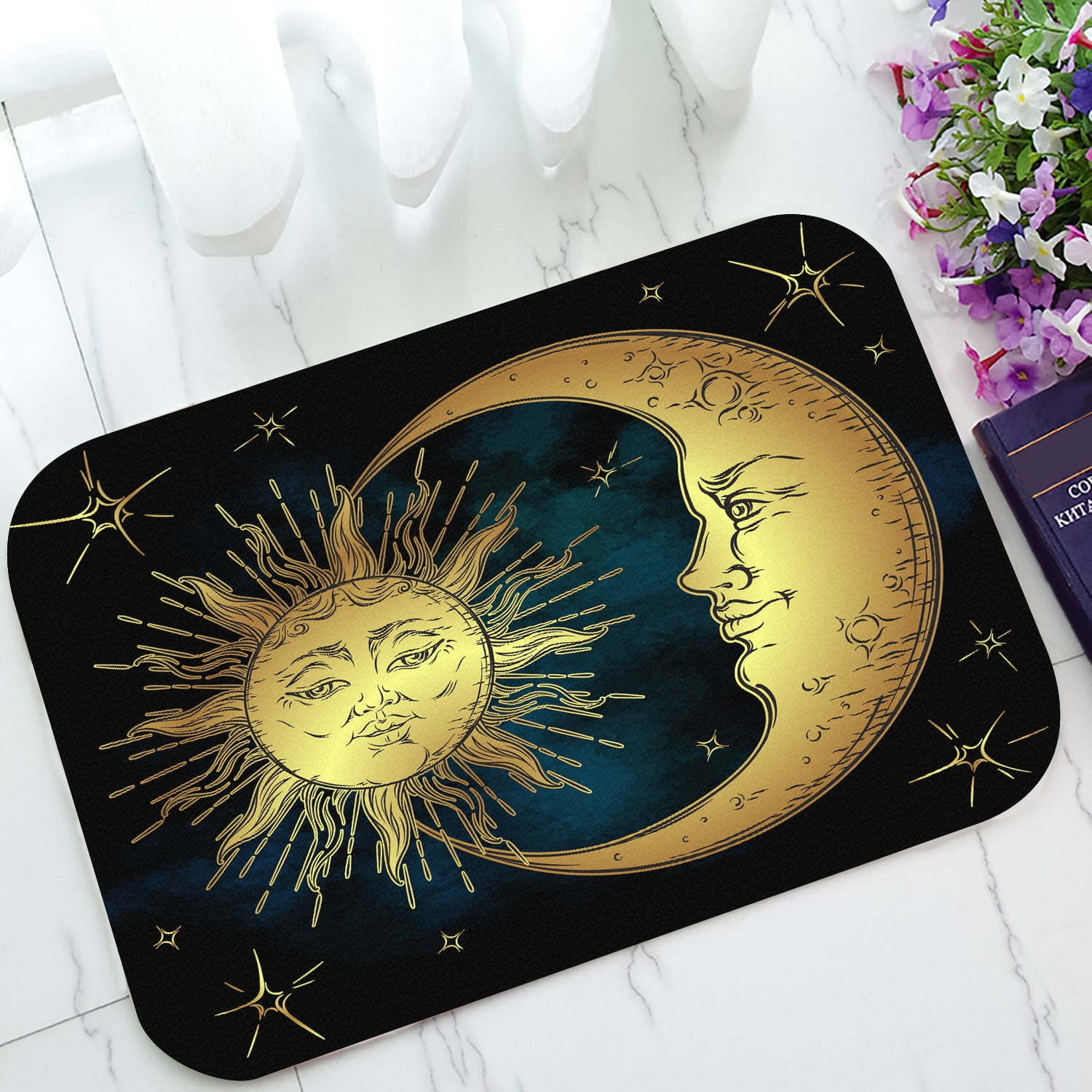 ECZJNT golden sun crescent moon and stars over blue black sky Doormat ...
