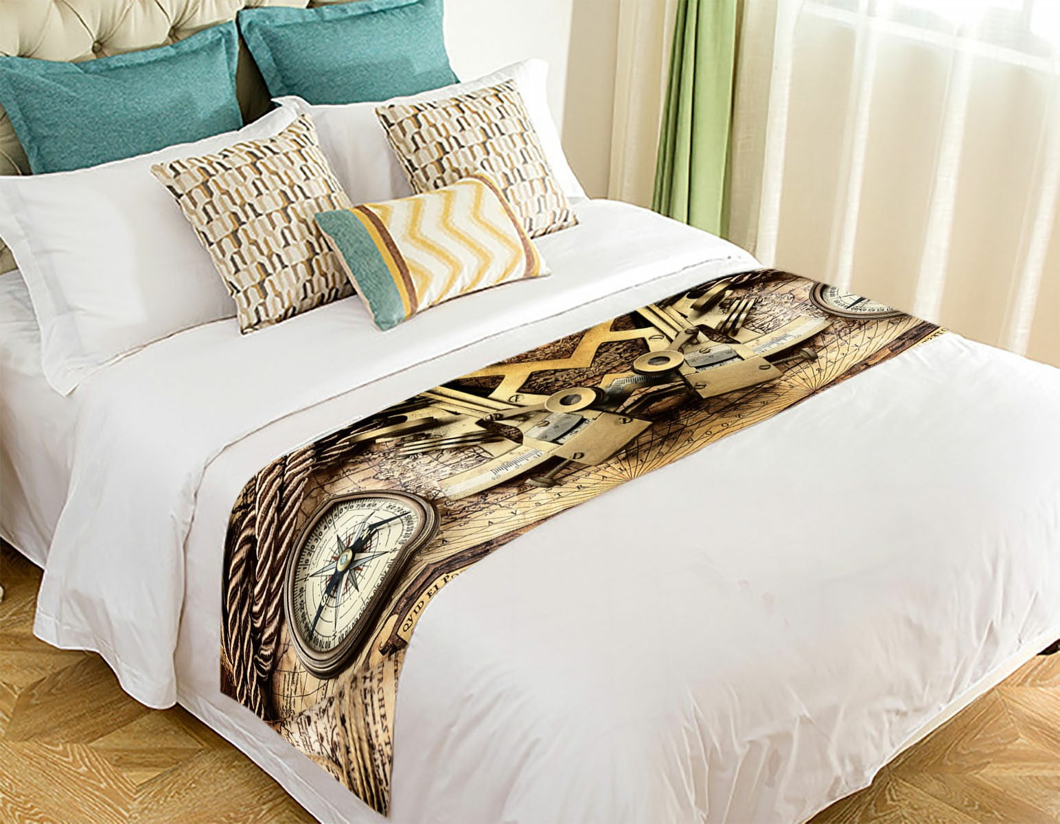 ECZJNT old map and cooper compass with cord Bed Runner Bed Scarf Bed ...