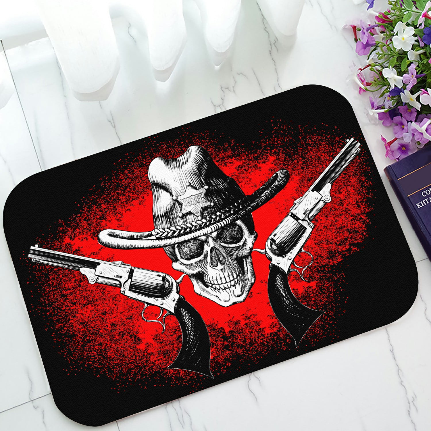 ECZJNT skull wearing a Cowboy hat with two Welcome Doormat Bath Mat Rug ...