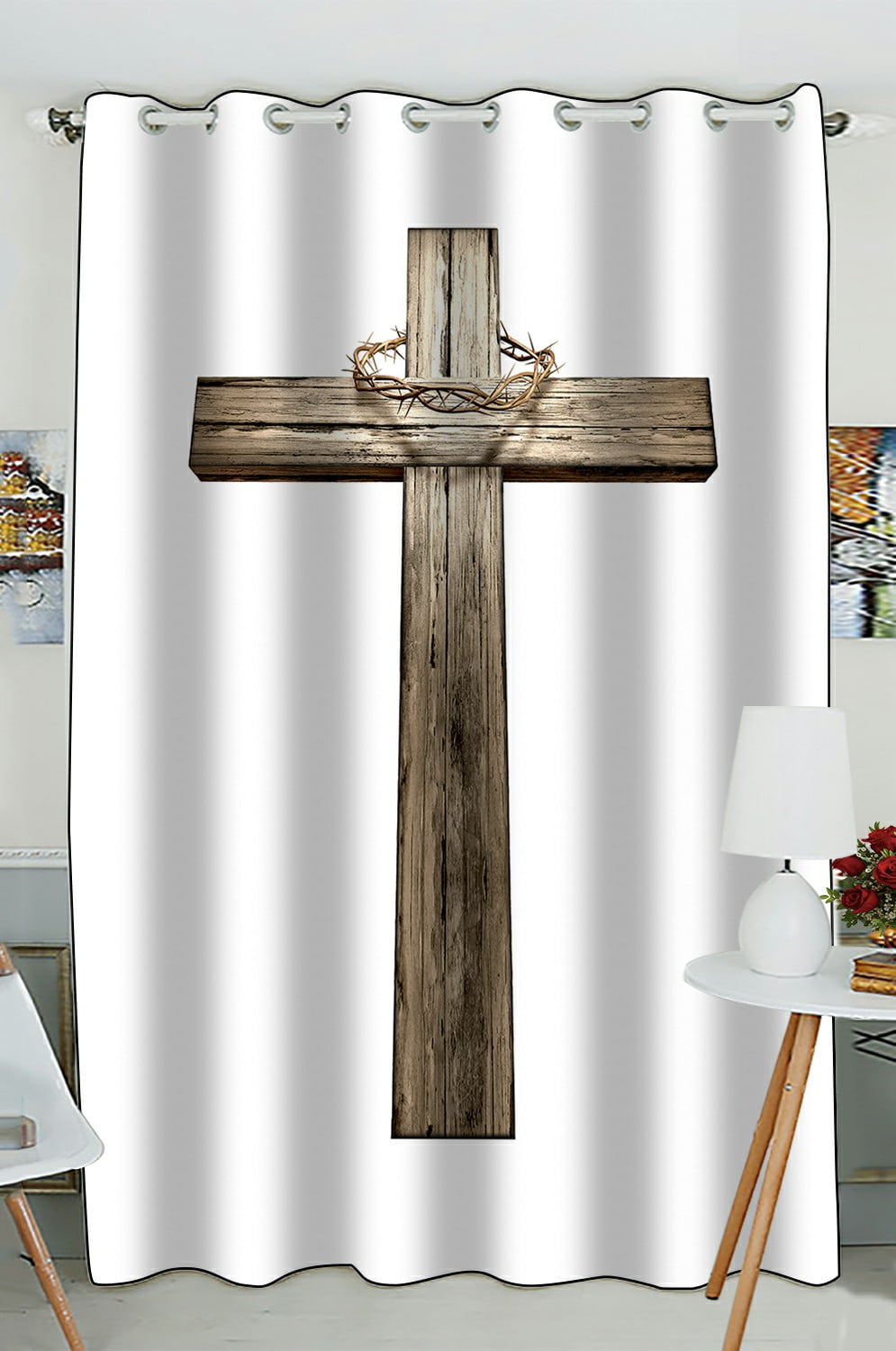 ECZJNT wooden cross woven crown of thorns Blackout Window Curtain ...