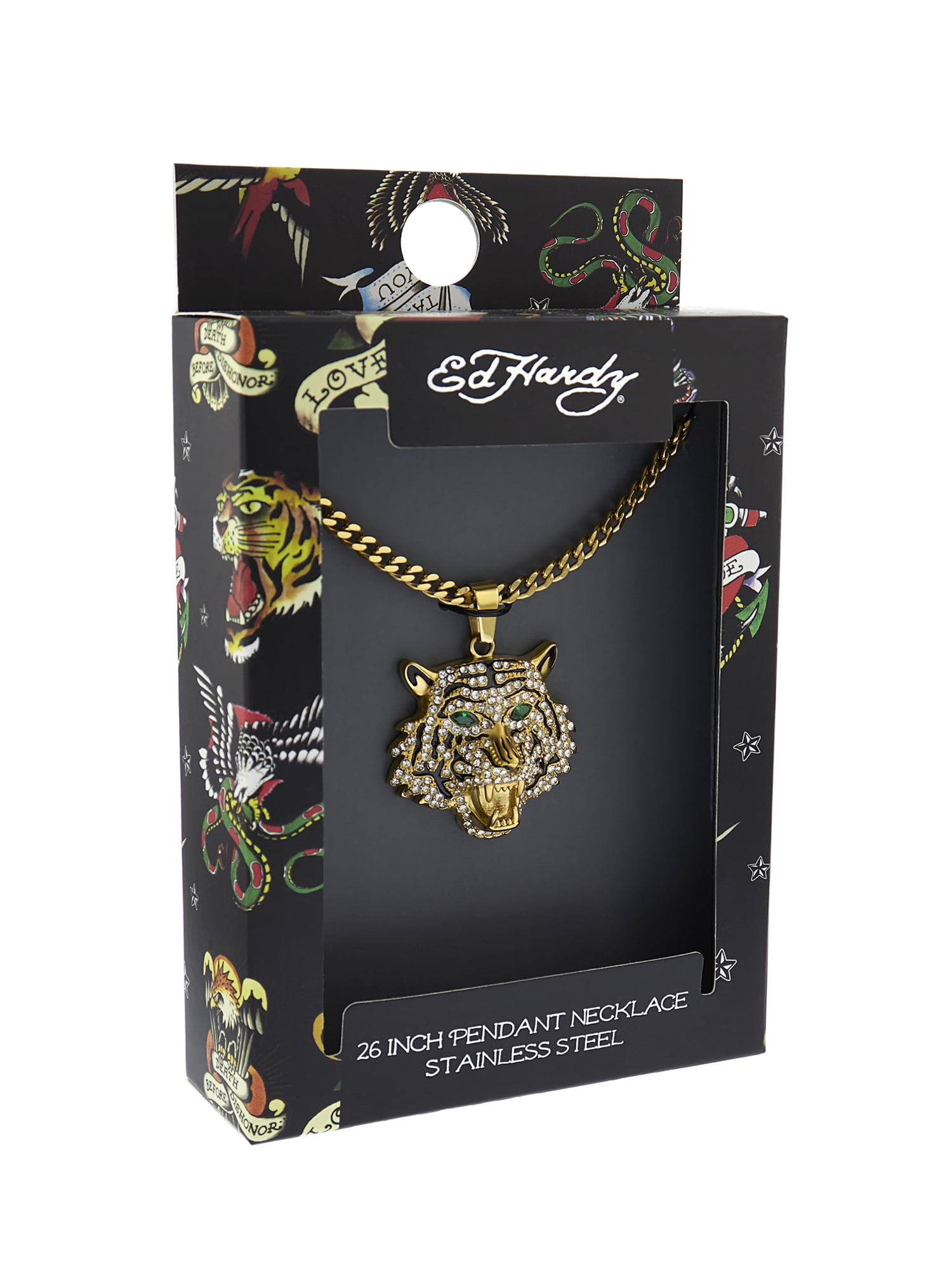 ED HARDY Men's Stainless Steel Shiny Gold-Tone Metal Tiger Pendant ...