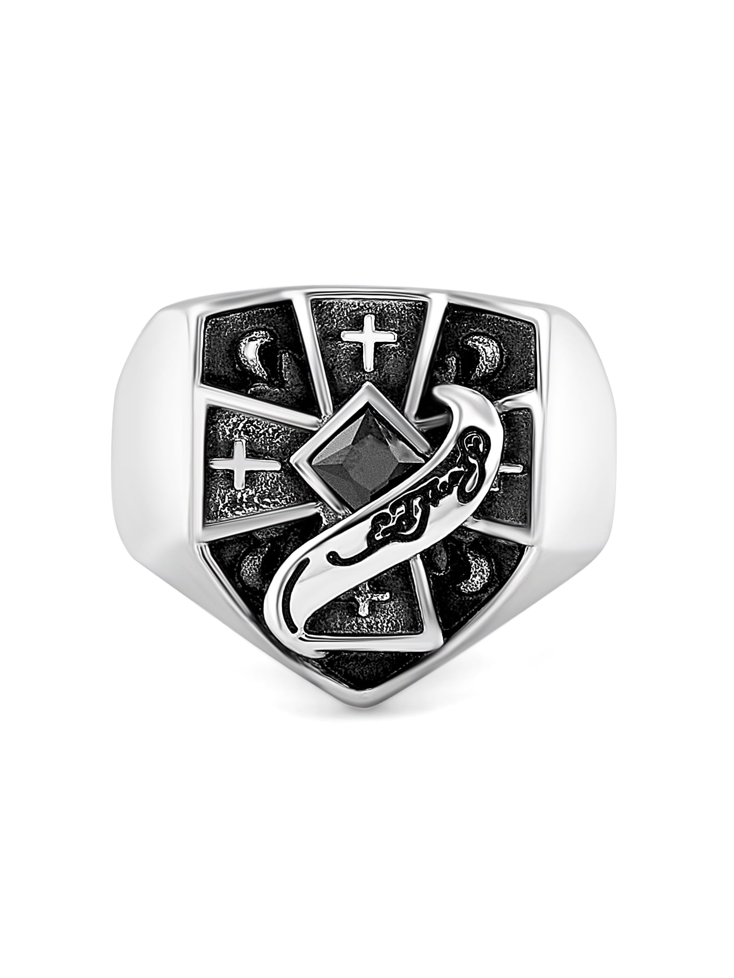 ED HARDY Men's Stainless Steel Silver-Tone Cross with Zircon Stone Ring ...