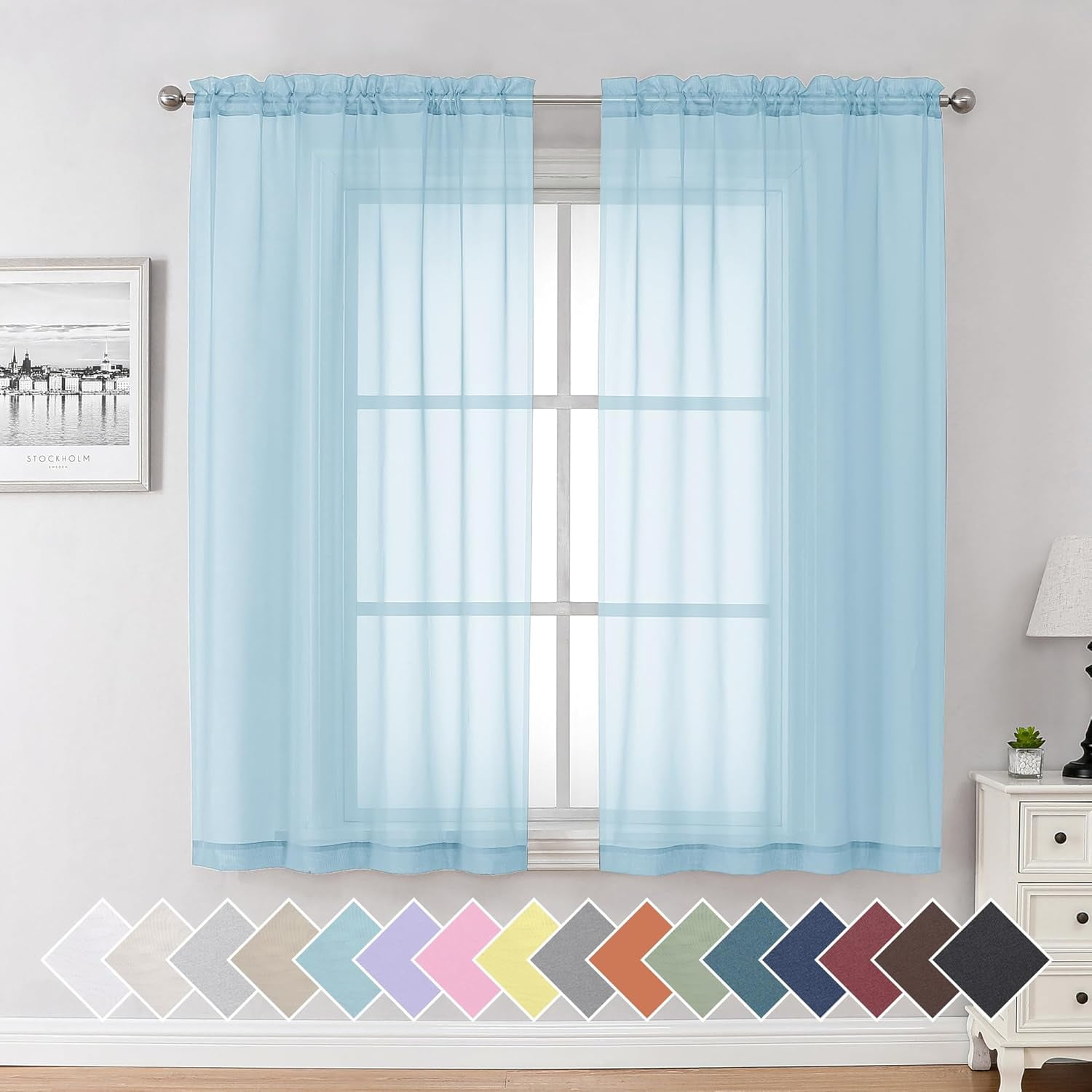 EDASCV-2 Pack: Basic Sky Blue Sheer Curtain Drapes 63 Inch Length 2 ...