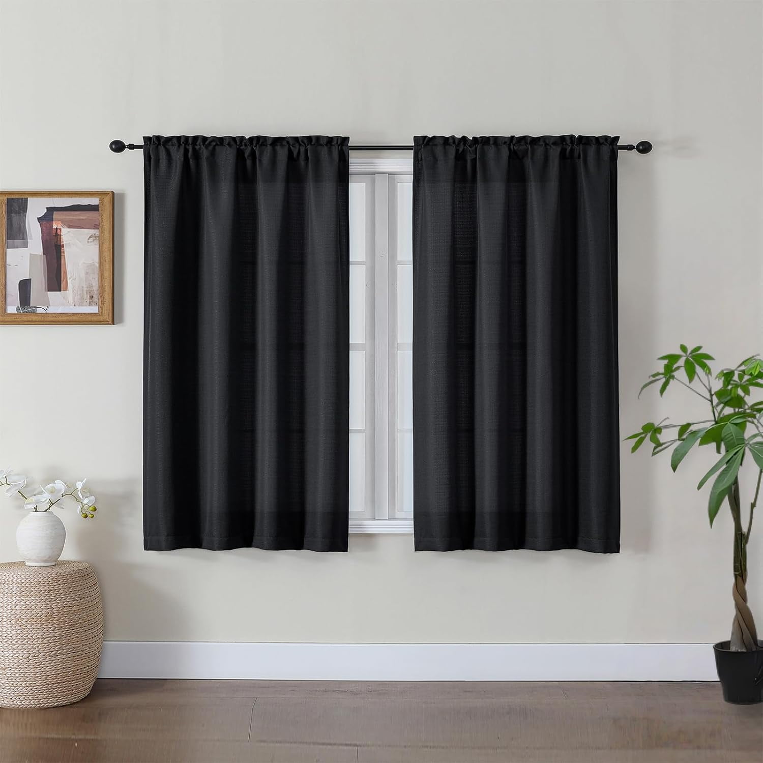 EDASCV-Black Curtains for Bedroom 45 Inch Length, Light Filtering Faux ...