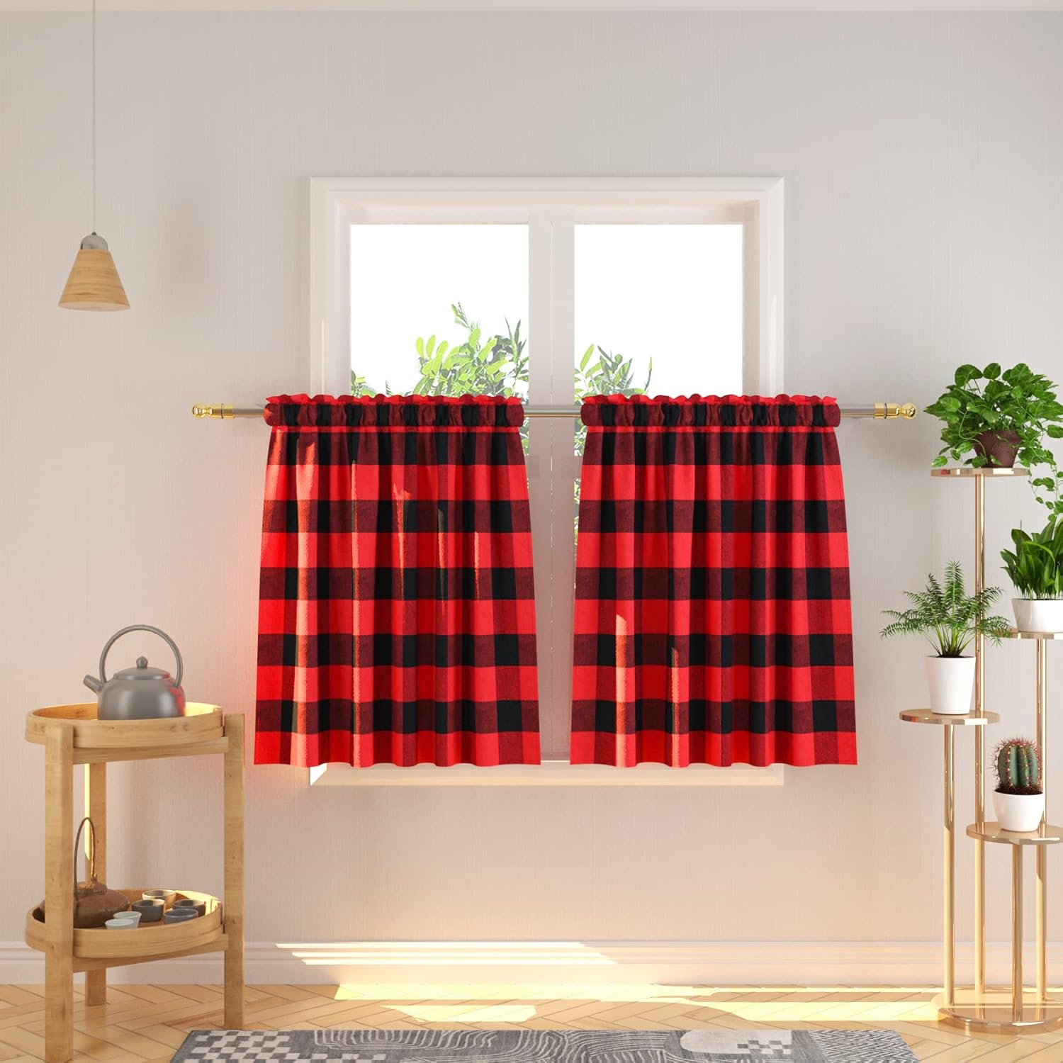 EDASCV-Cafe Curtains 30 inches Long Buffalo Plaid Kitchen Tiers 2 ...
